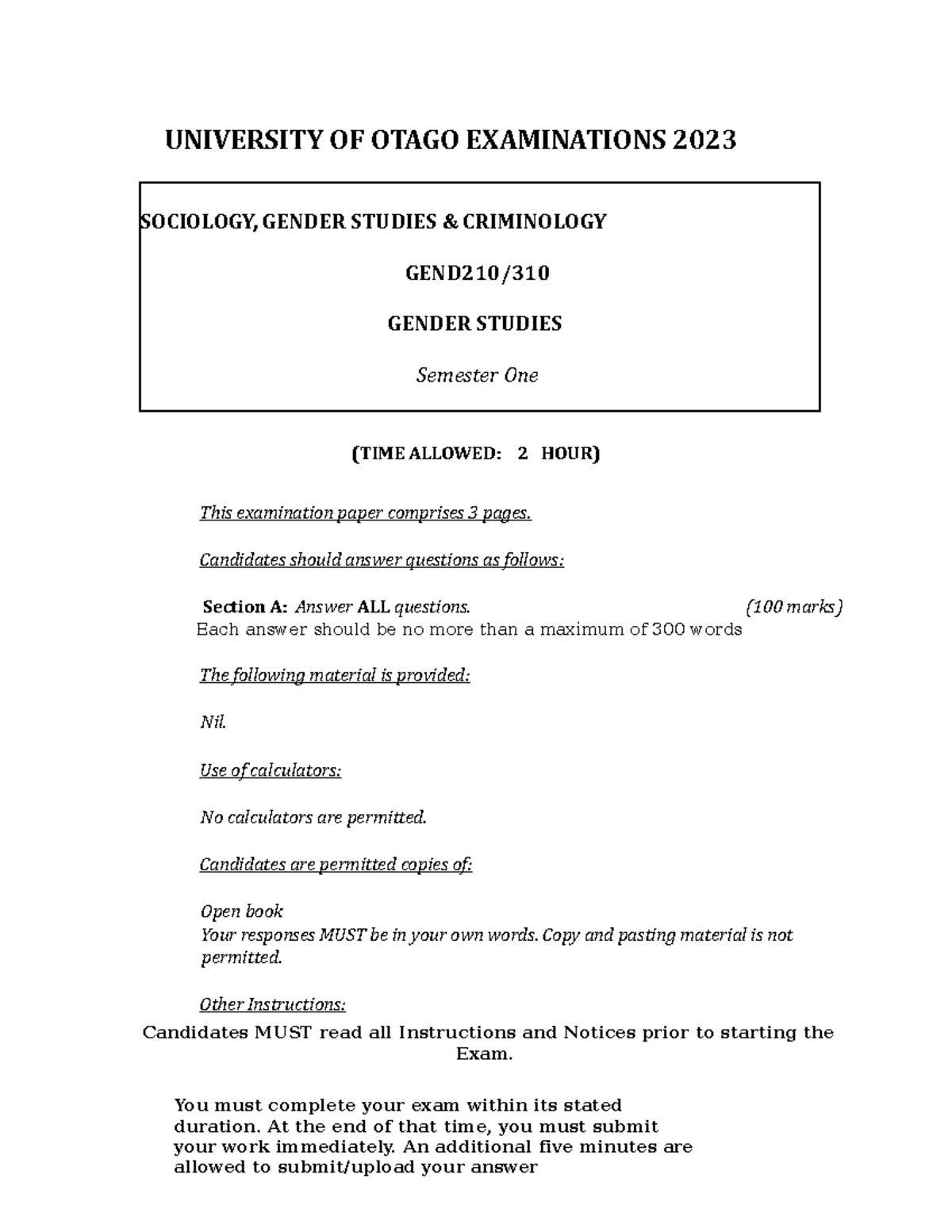 GEND210-310 2023 Keeley Lunn Final Exam - UNIVERSITY OF OTAGO ...