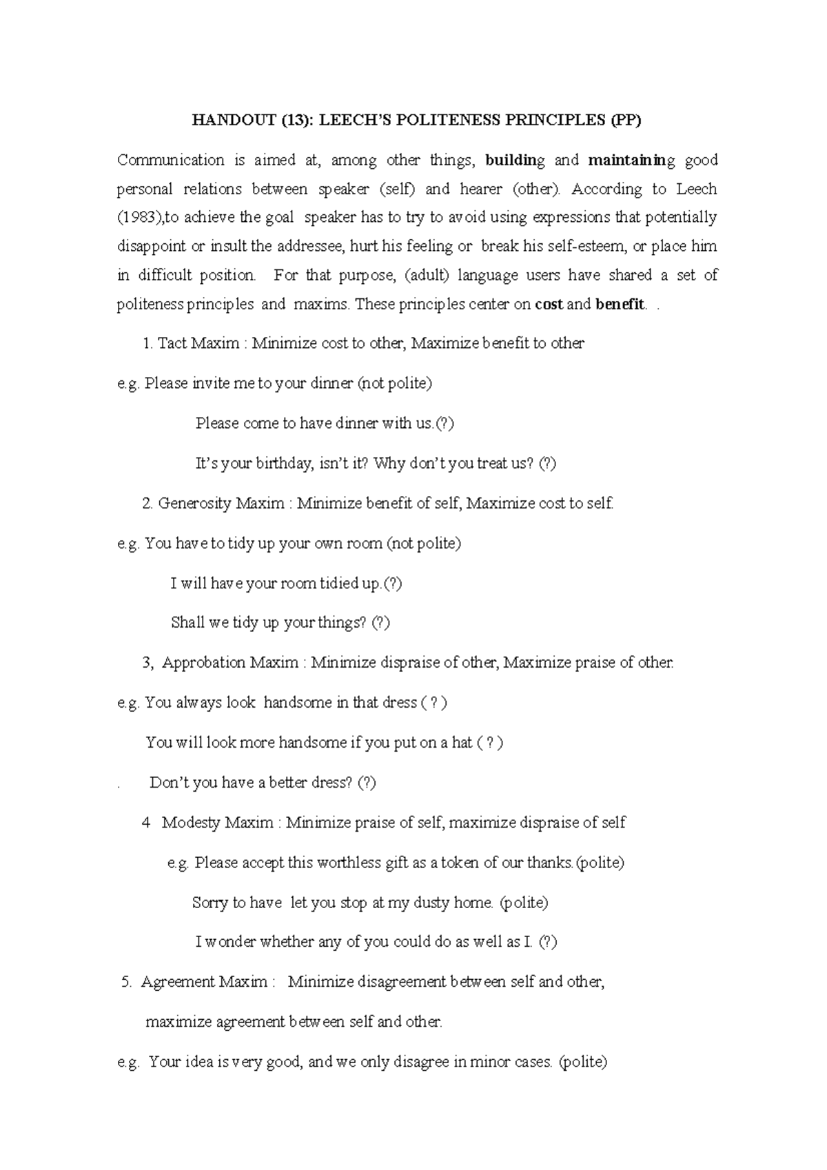 Handout (13) Leech’s Politeness Principles (PP) - HANDOUT (13): LEECH’S ...