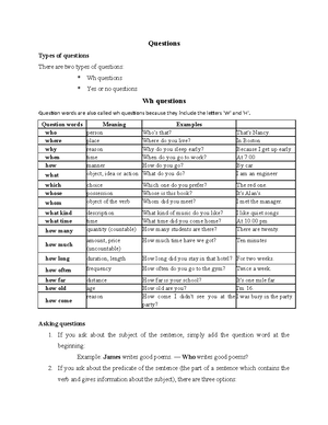 WH and Yes or No Questions - Questions Types of questions There are two ...