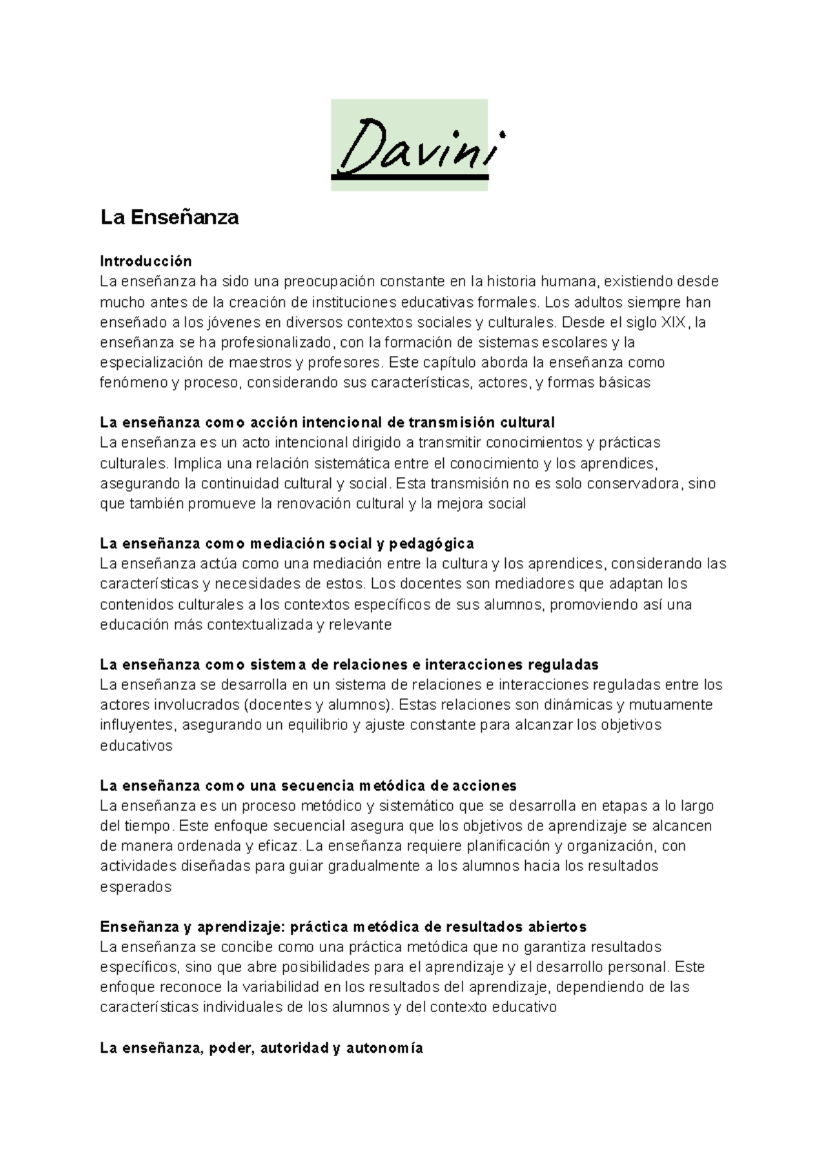 Resumen Davini - Davini La Enseñanza Introducción La enseñanza ha sido ...