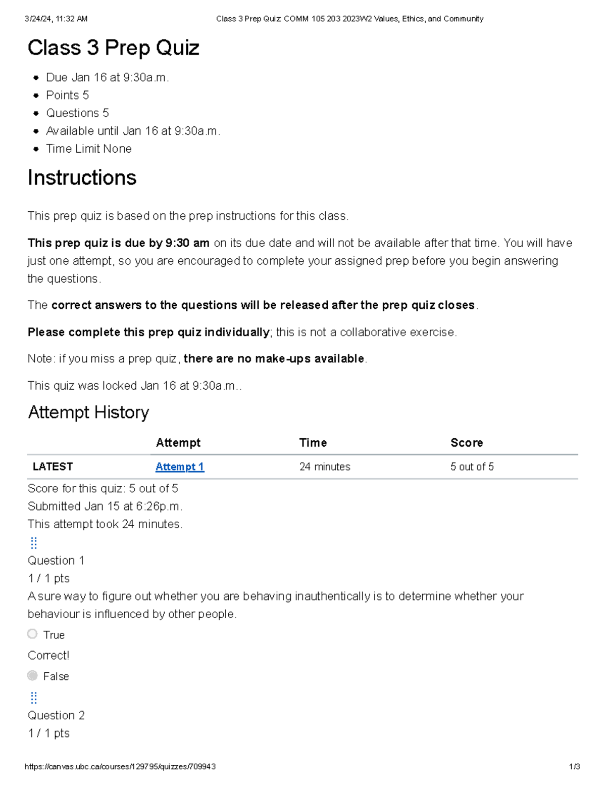 Class 3 Prep Quiz COMM 105 203 2023W2 Values, Ethics, and Community - 3 ...