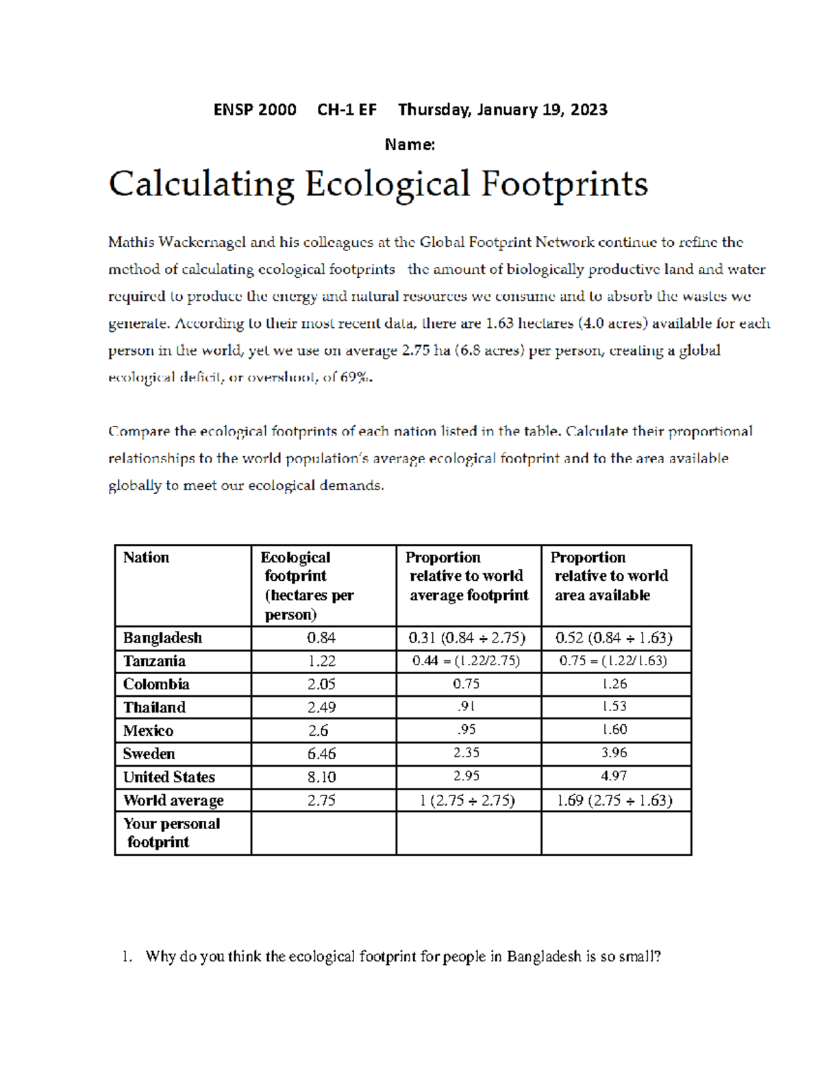 CH 1-EF 2022S - Ecological footprint assignment- chapter 1 - ENSP 2000 ...