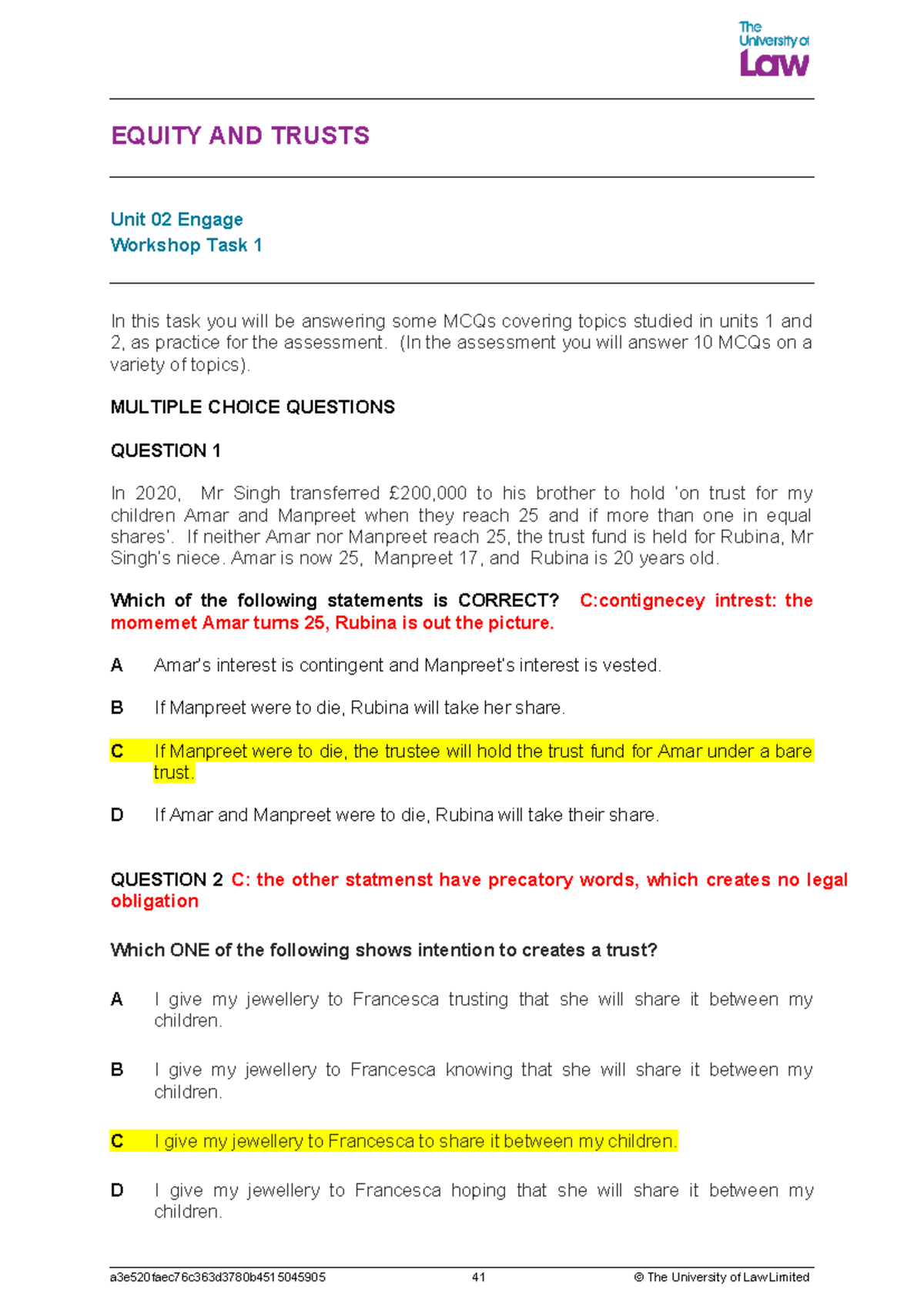 E & T WS2 TSK 1 - workshop notes - EQUITY AND TRUSTS Unit 02 Engage ...