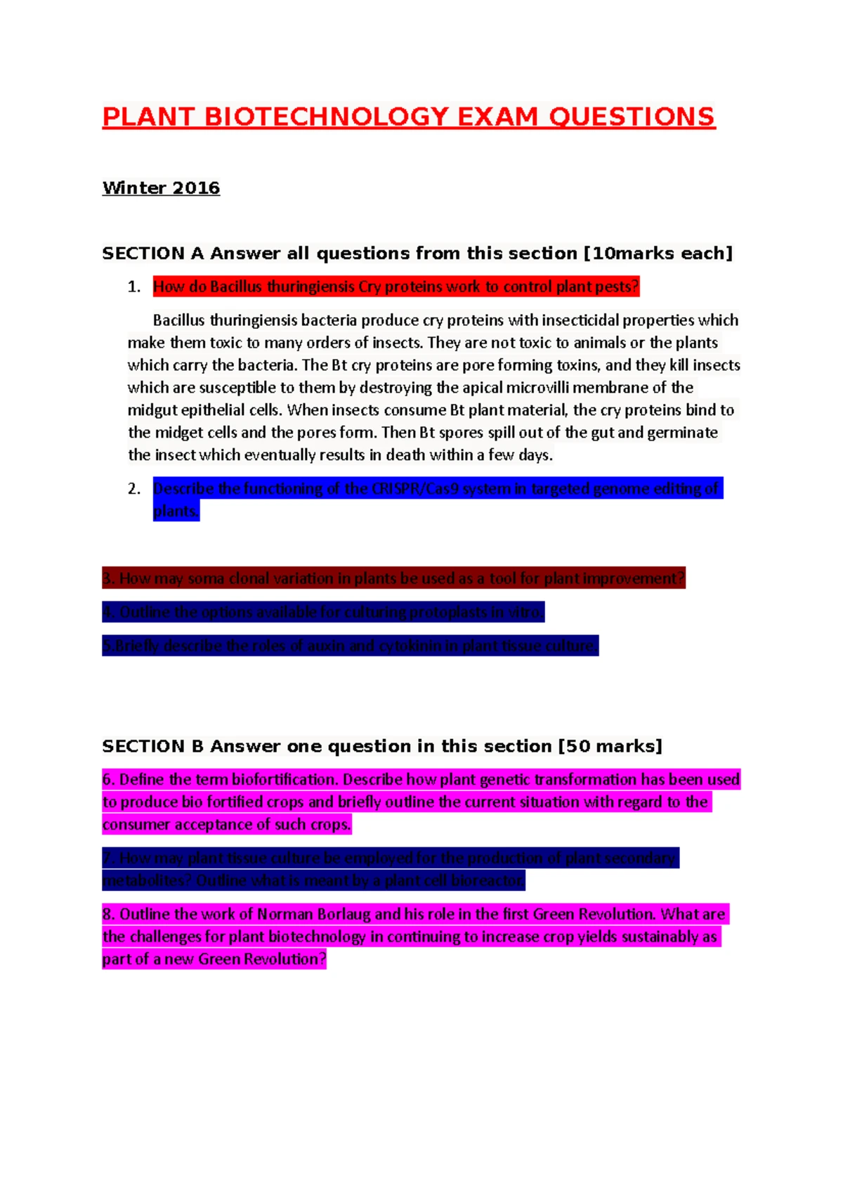 Plant Tissue Culture EXAM Questions AND EXAM Material - PLANT TISSUE ...