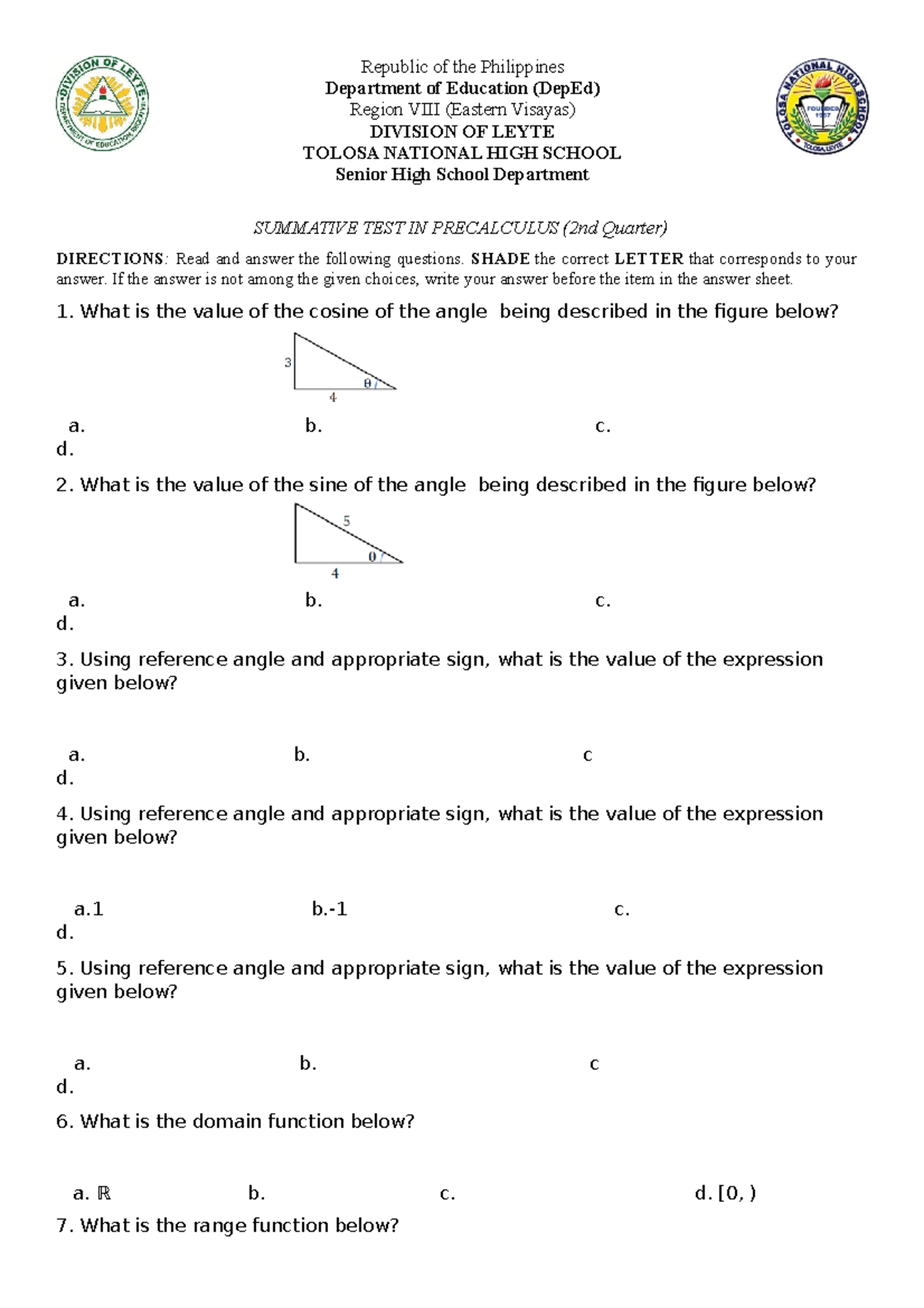 2nd quarter test in precal - Education - Studocu