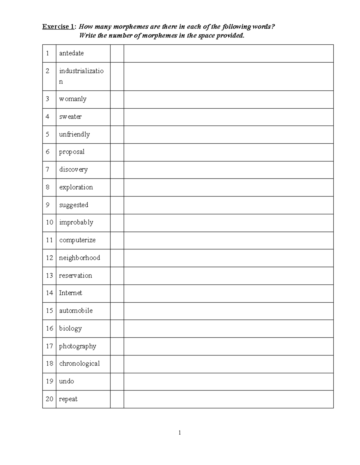 Exercises OF Morphemes - Exercise 1: How many morphemes are there in each of the following words ...
