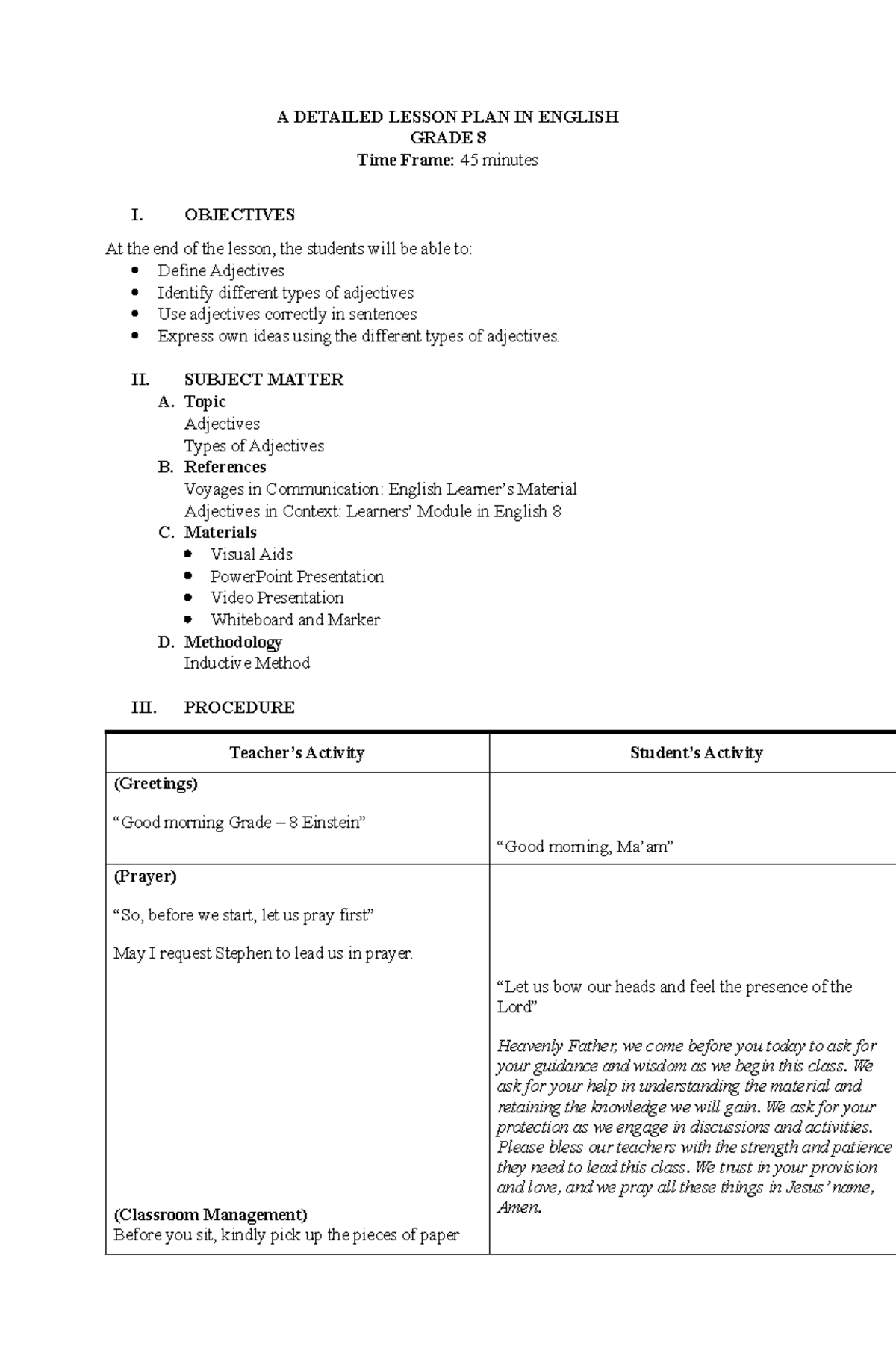 Lesson Plan (Grammar) - A DETAILED LESSON PLAN IN ENGLISH GRADE 8 Time ...