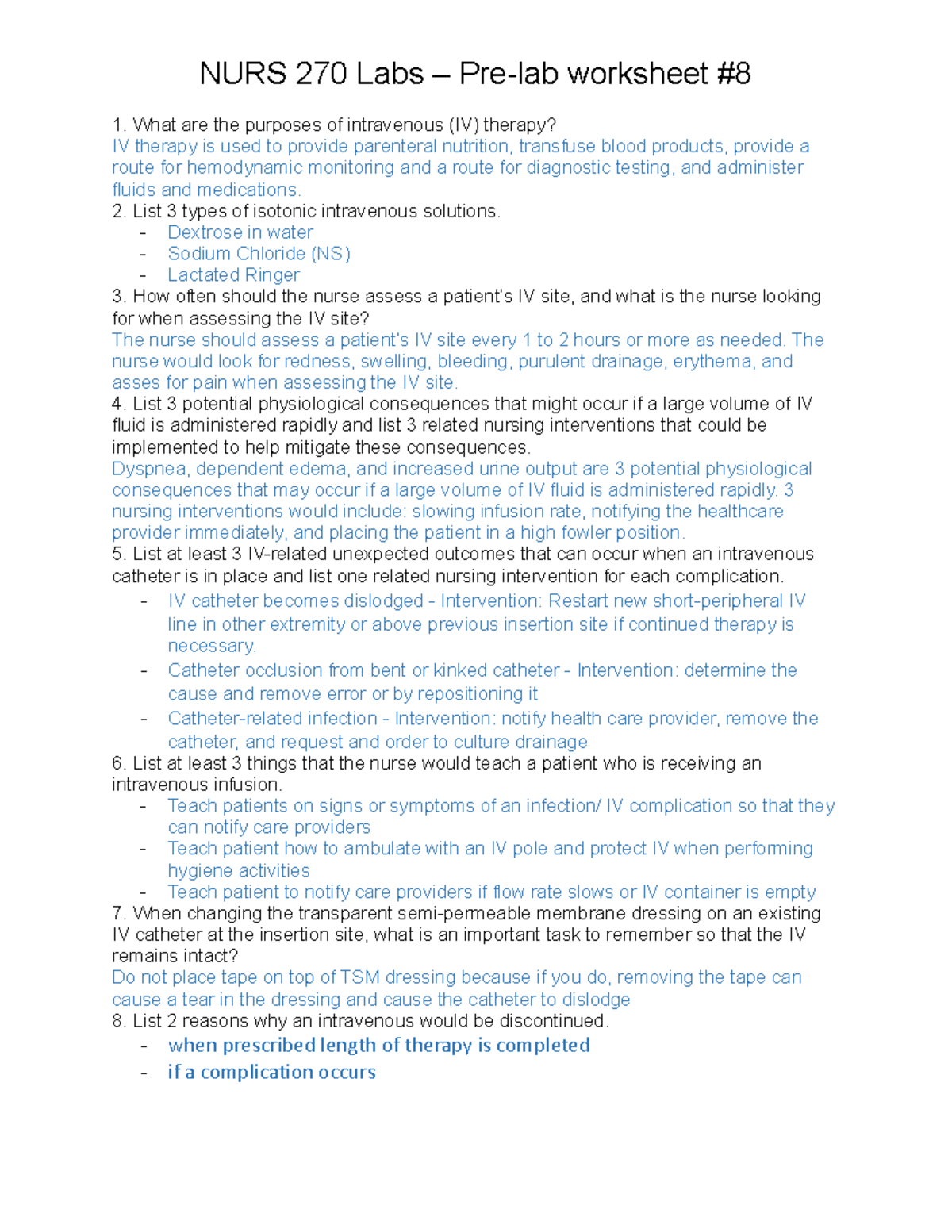 #8 - IV fluid Admin - clinical notes - NURS 270 Labs – Pre-lab ...