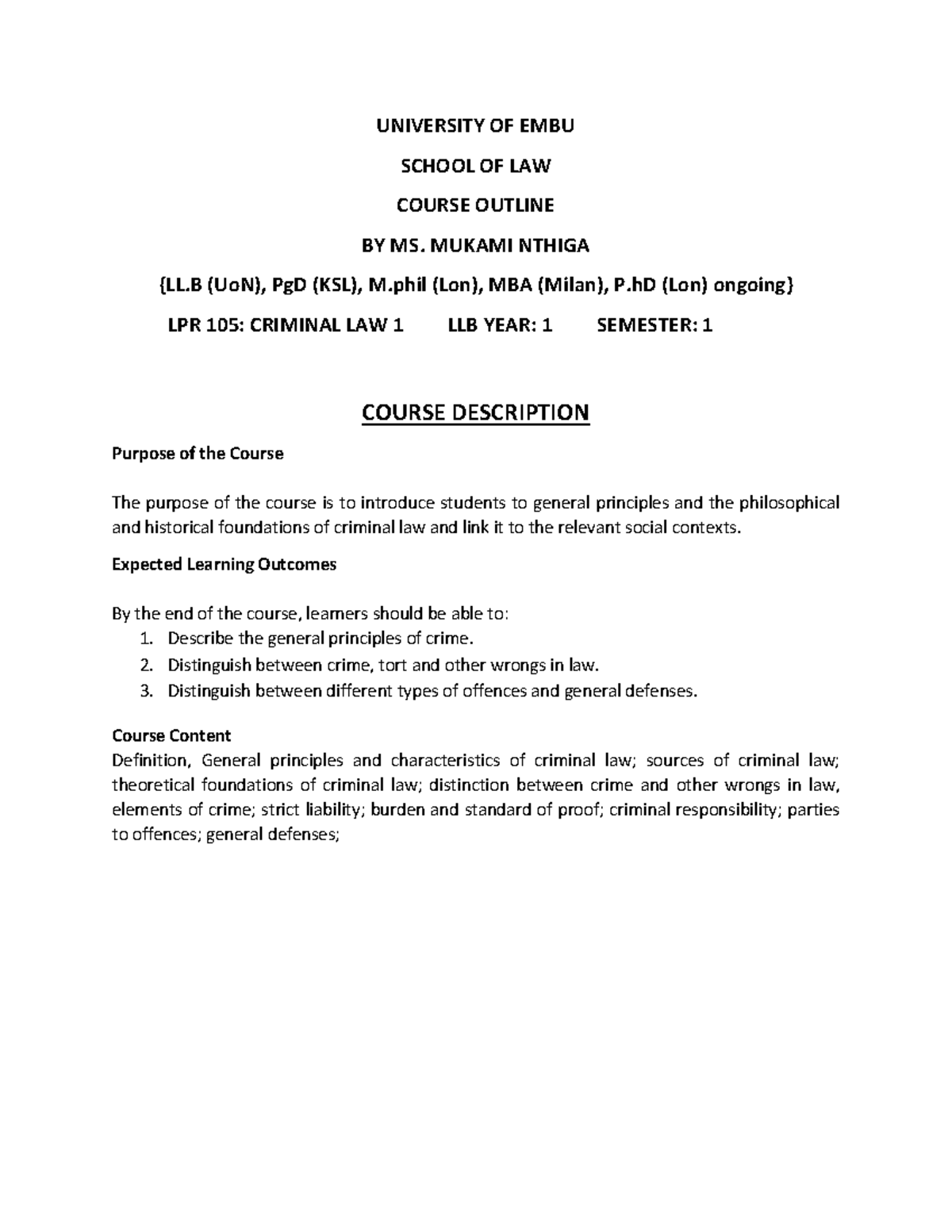Criminal LAW 1 Course Outline - UNIVERSITY OF EMBU SCHOOL OF LAW COURSE ...