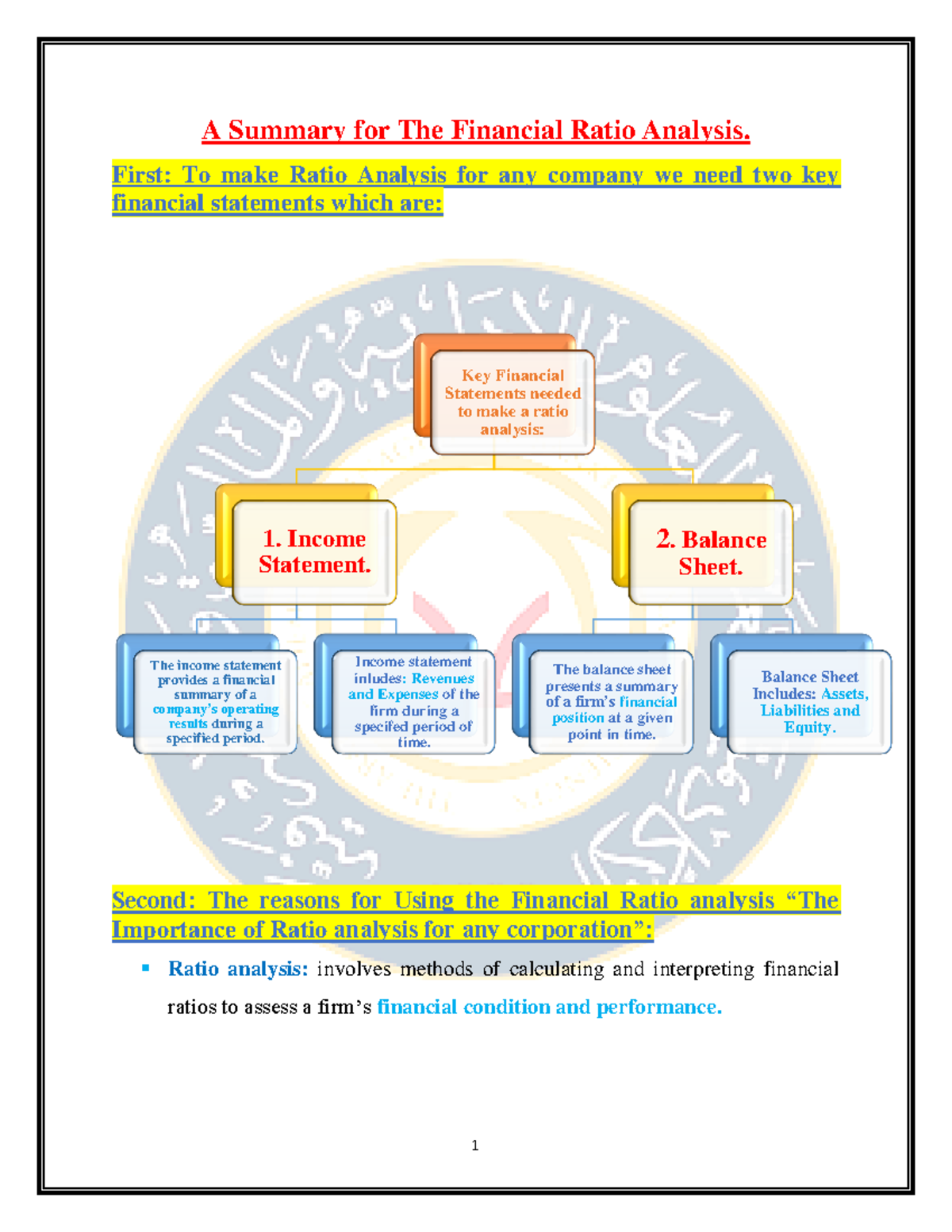 A Summary for The Financial Ratio Analysis - First: To make Ratio ...