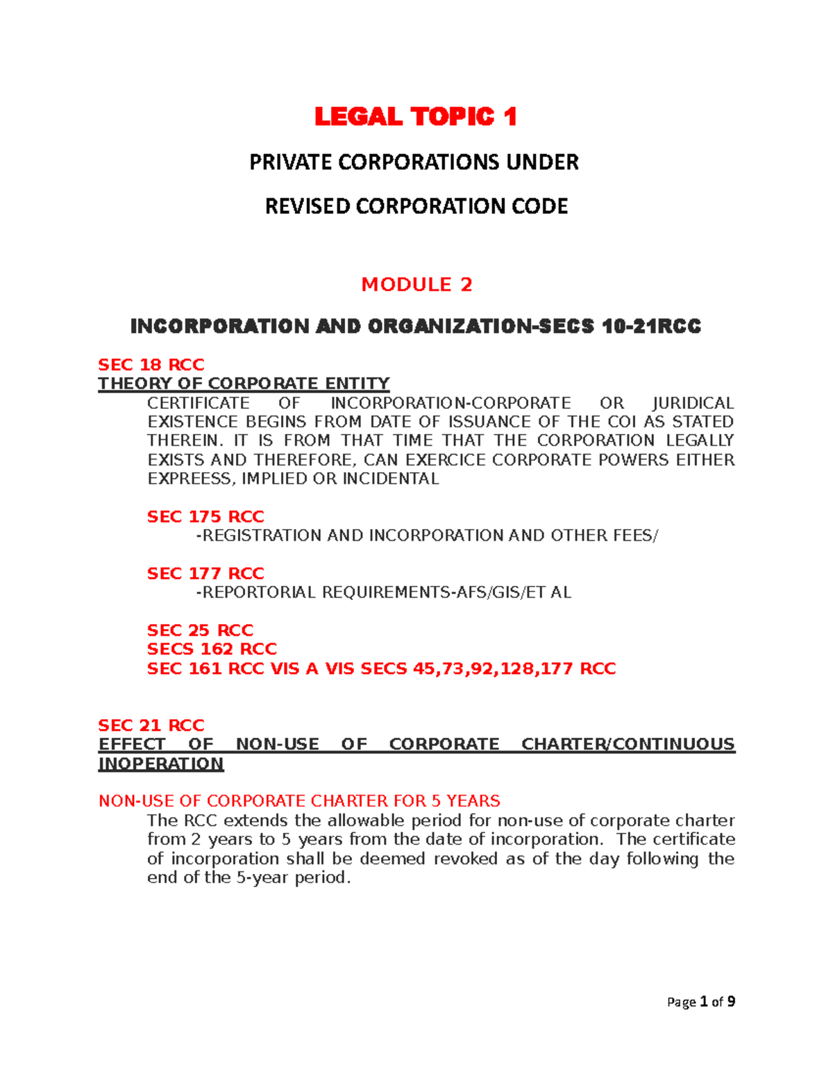 RCC Module 2 Incorporation AND Organization - LEGAL TOPIC 1 PRIVATE CORPORATIONS UNDER REVISED ...