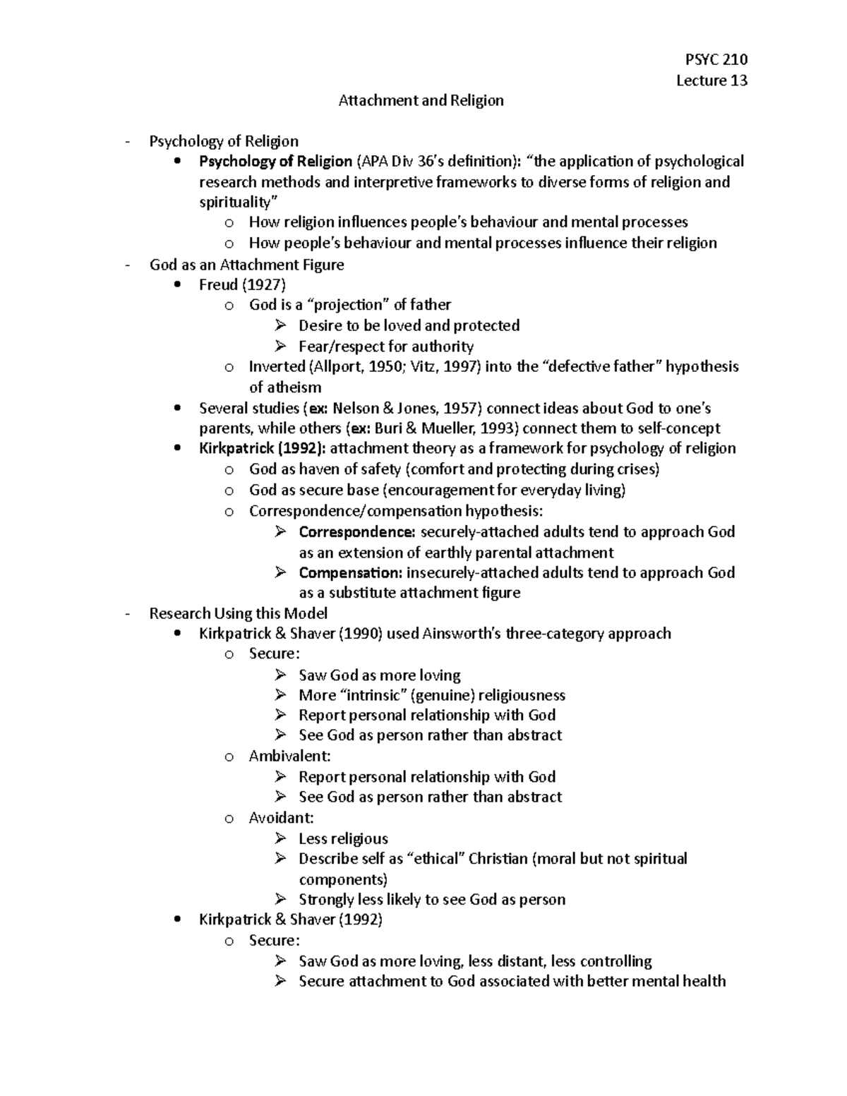 Lecture 13 - Class notes - PSYC 210 Lecture 13 Attachment and Religion ...
