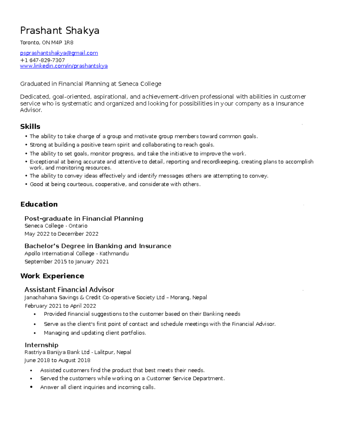 Financial Advisor - Advising - Prashant Shakya Toronto, ON M4P 1R ...