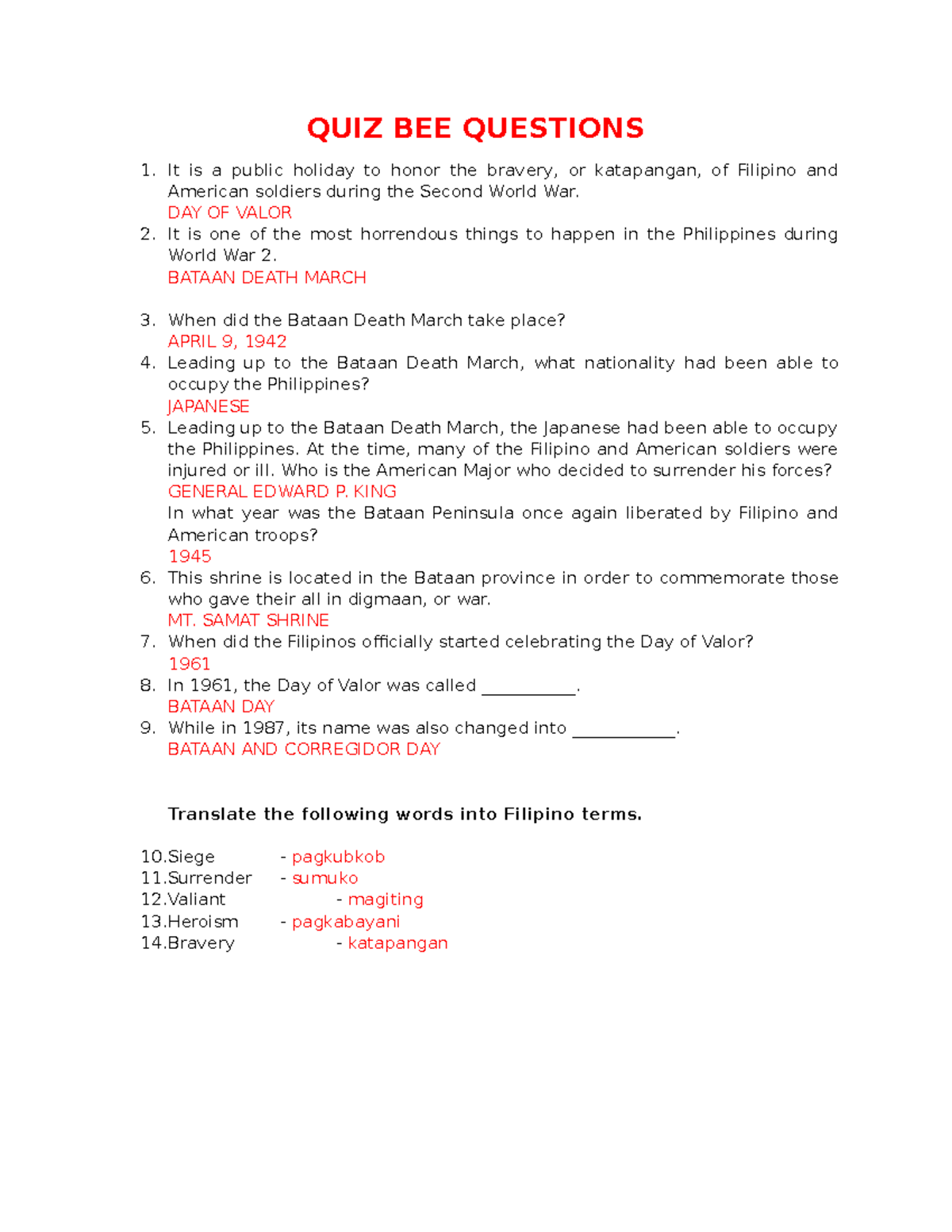 QUIZ BEE Questions - QUIZ BEE QUESTIONS It is a public holiday to honor ...