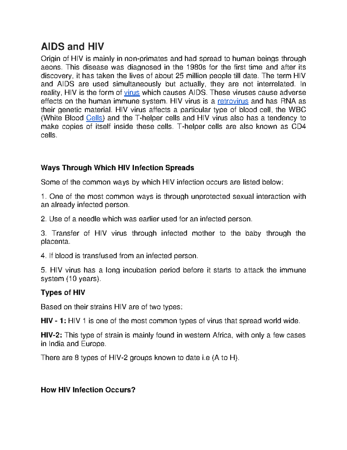 AIDS and HIV - Lecture notes 3 - AIDS and HIV Origin of HIV is mainly ...