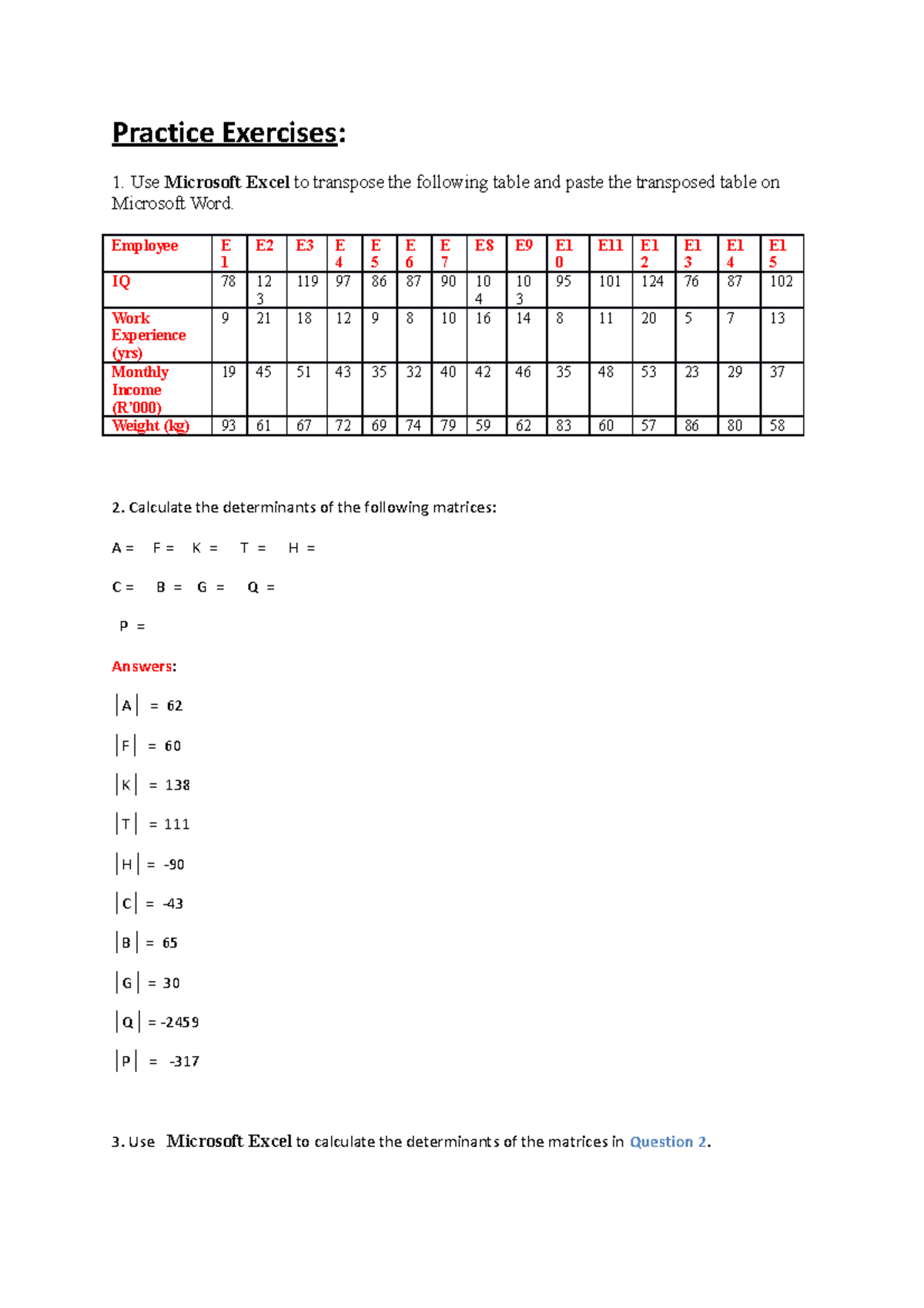 Stfm125 Practice Exercises Matrix Transpose And Determinants Lt