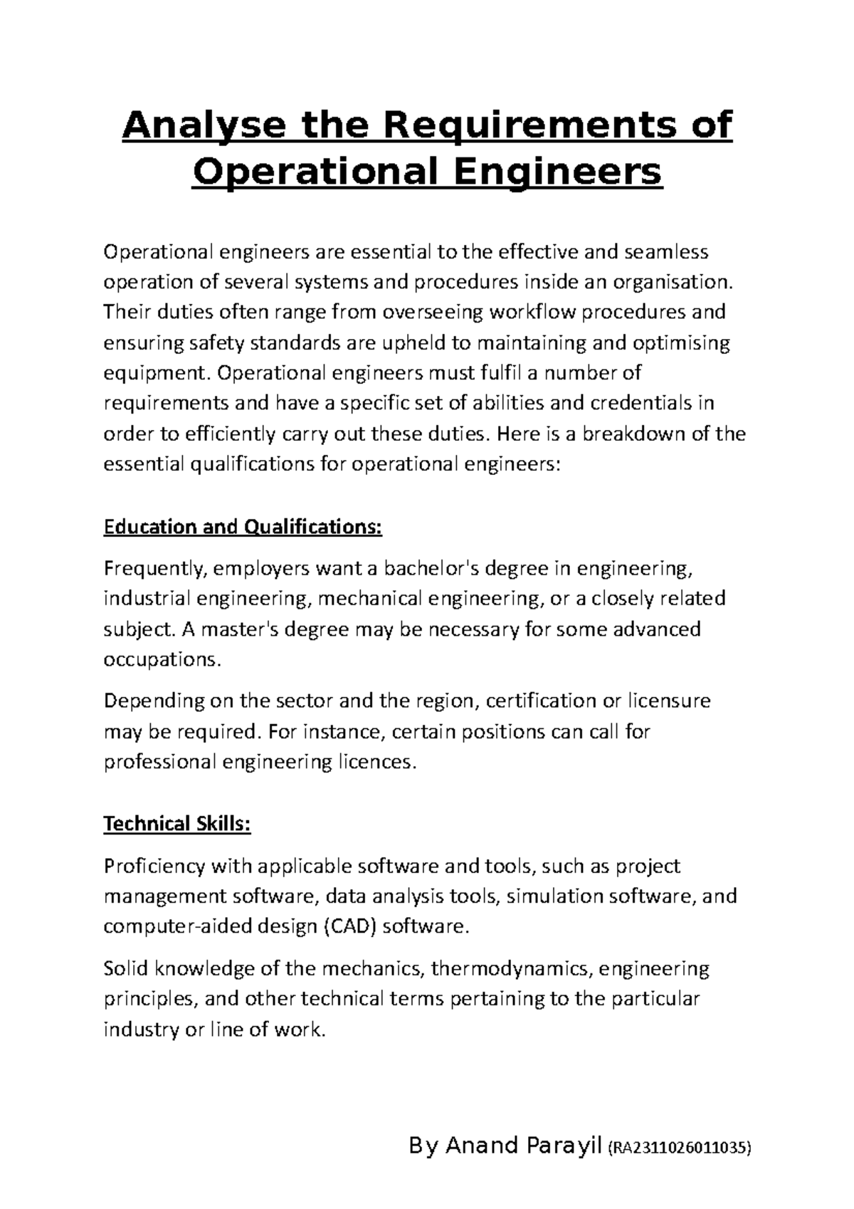Analyse the Requirements of Operational Engineers - Analyse the ...