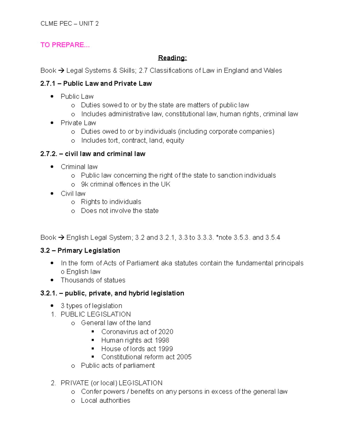 CLME PEC unit 2 - PEC for Unit 2 - TO PREPARE... Reading: Book Legal ...