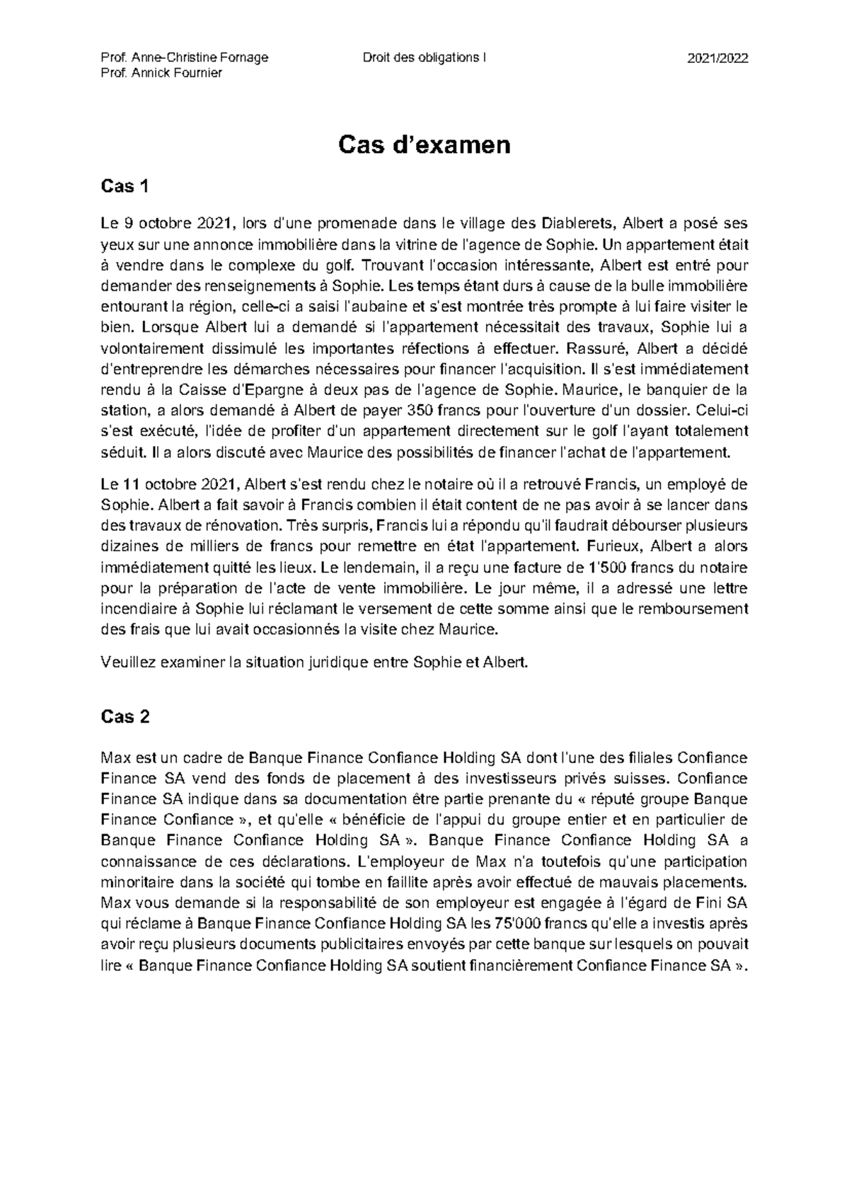 Cas dexamen oblig - Prof. Anne-Christine Fornage Droit des obligations ...