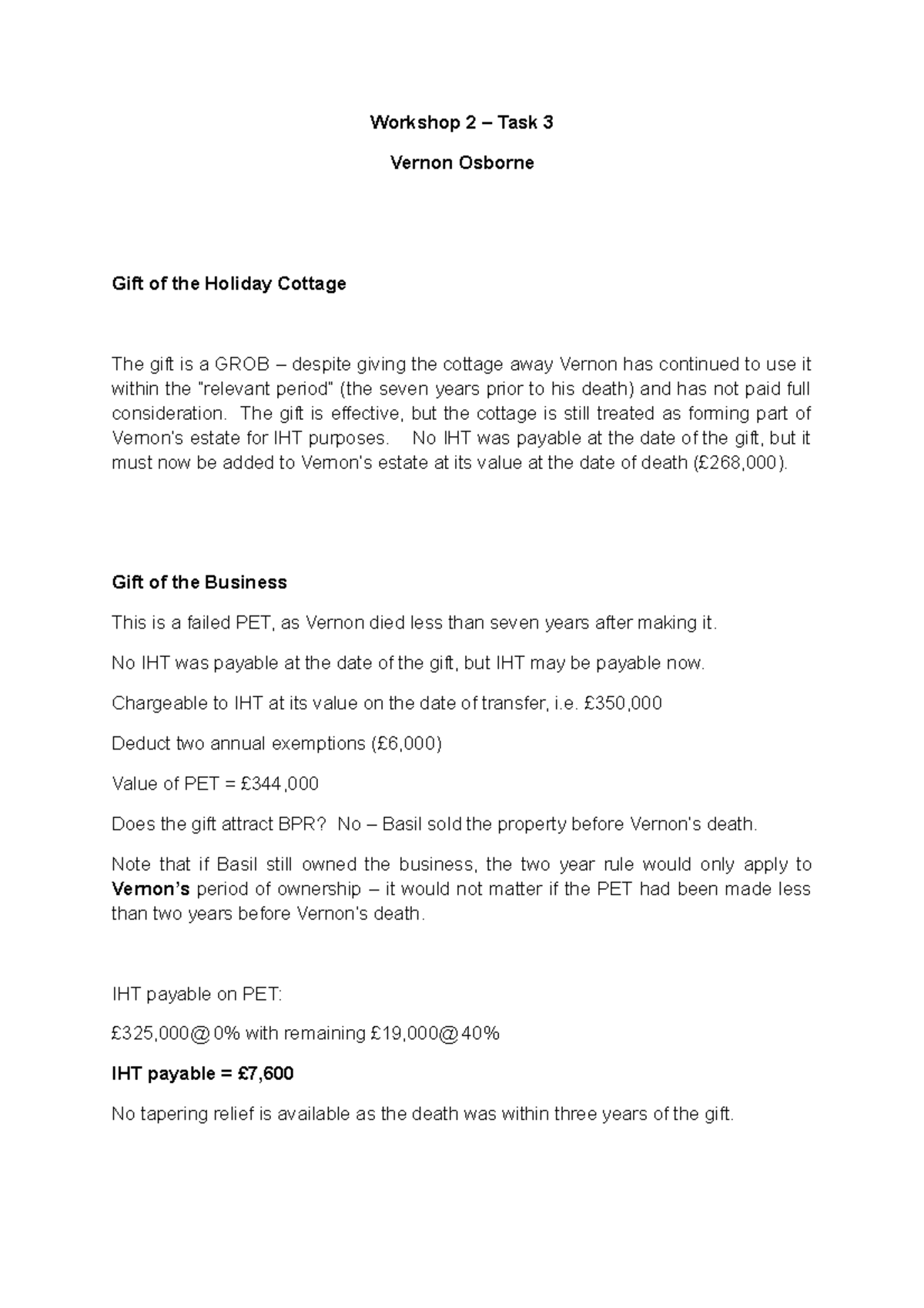 Workshop 2 Task 3 ans Vernon Osborne IHT calc - Workshop 2 – Task 3 Vernon Osborne Gift of the ...