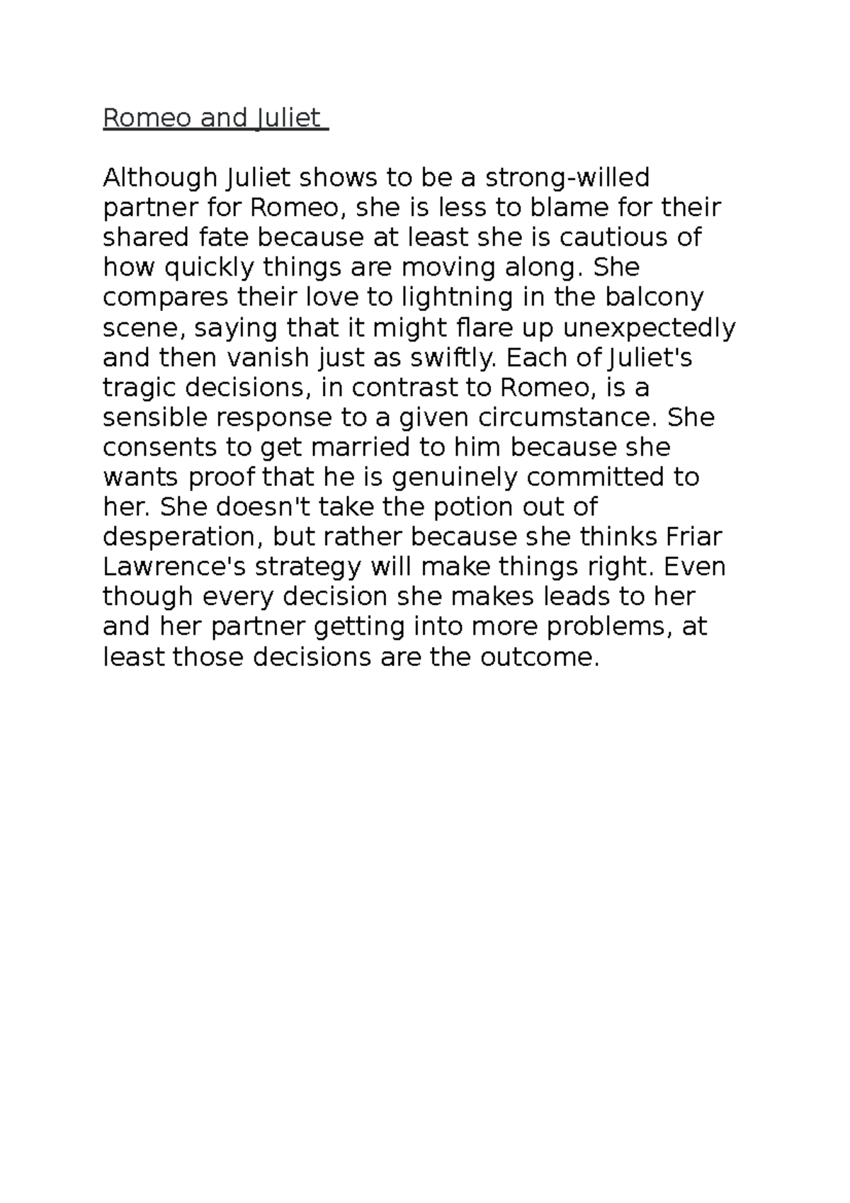 Romeo and Juliet 66 - Notes - Romeo and Juliet Although Juliet shows to ...