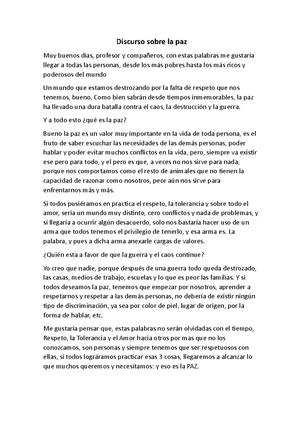 Discurso sobre la paz - sdsdsdsdsd - Discurso sobre la paz Muy buenos ...