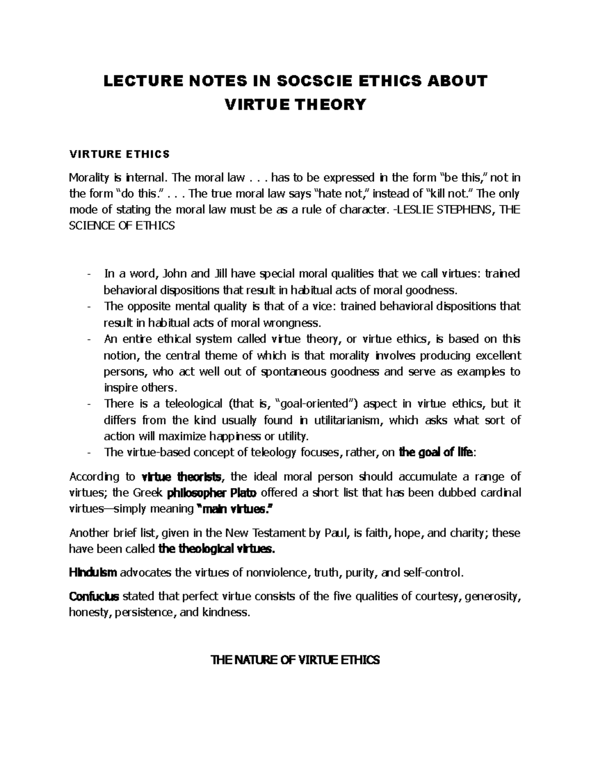Lecture Notes in Social science Ethics About Virtue Theory - LECTURE ...