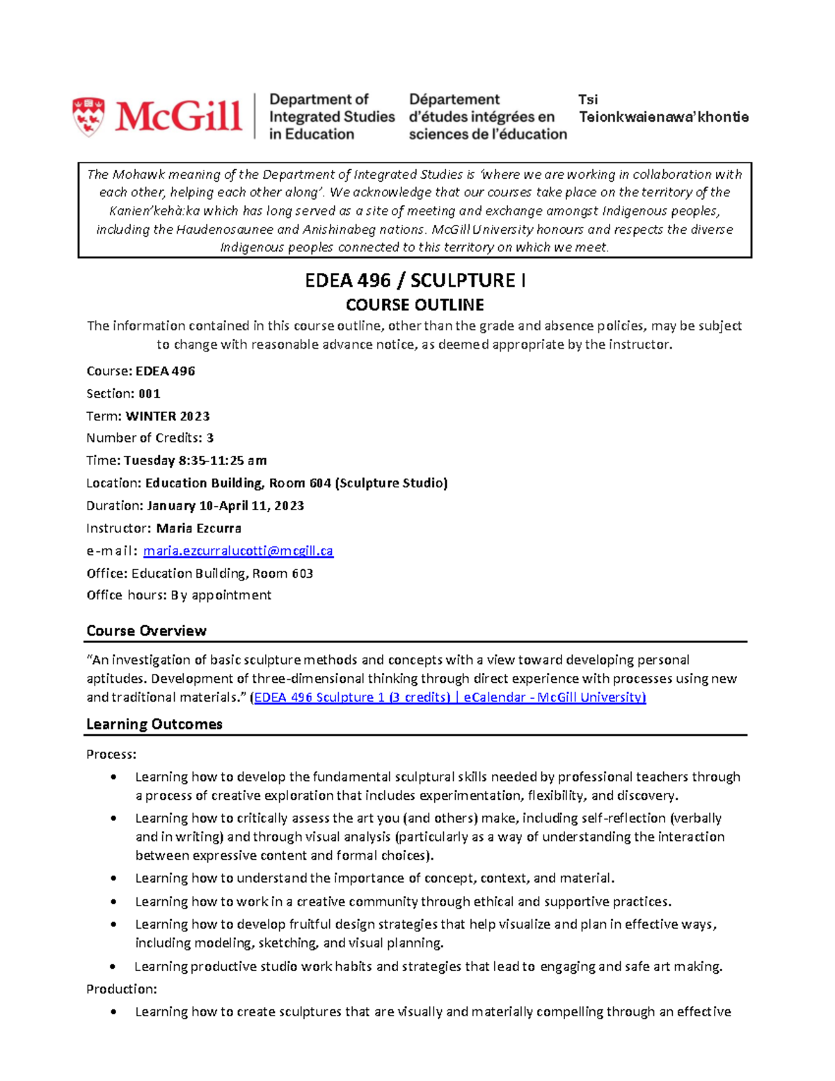 EDEA 496 W2023 Outline - The Mohawk meaning of the Department of ...