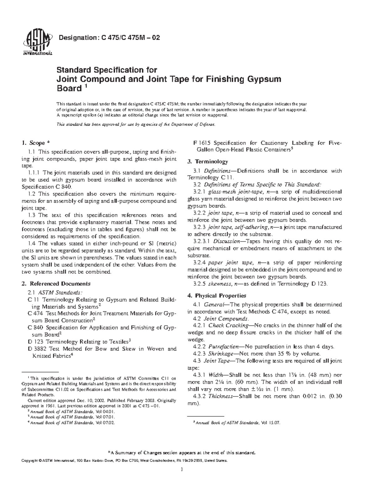 C475C475M - ASTM C475 - Designation: C 475/C 475M – 02 Standard Specification for Joint Compound ...