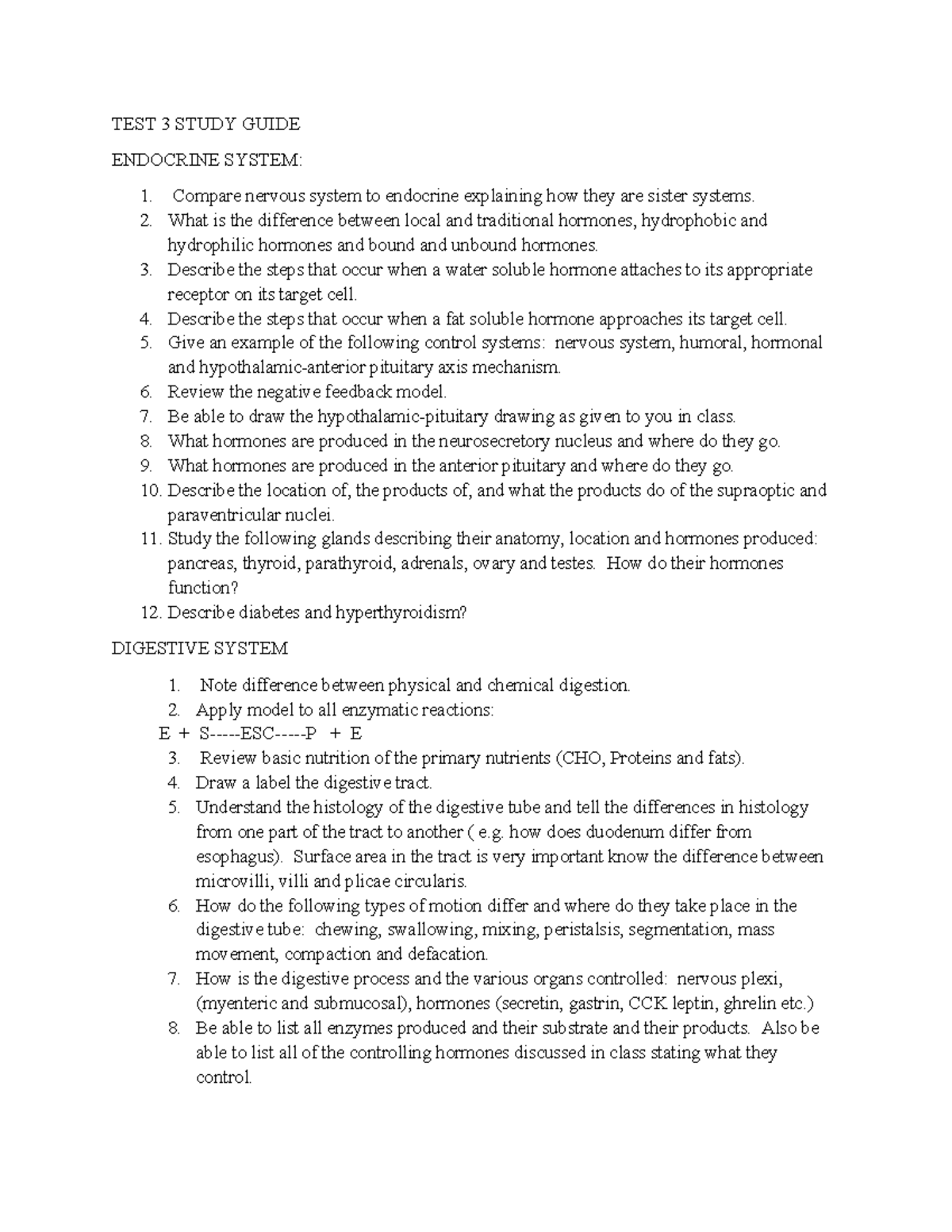 TEST 3 Study Guide - TEST 3 STUDY GUIDE ENDOCRINE SYSTEM: 1. Compare ...