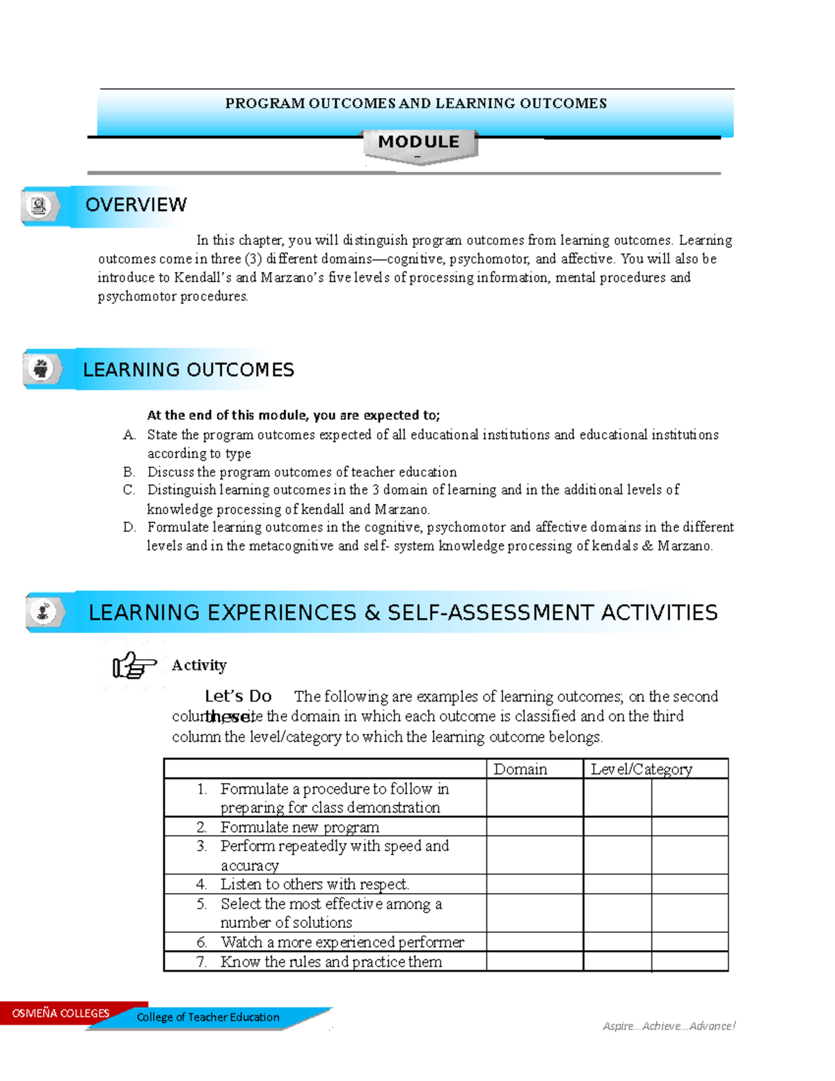 Module-3 - Adal na - In this chapter, you will distinguish program outcomes from learning ...