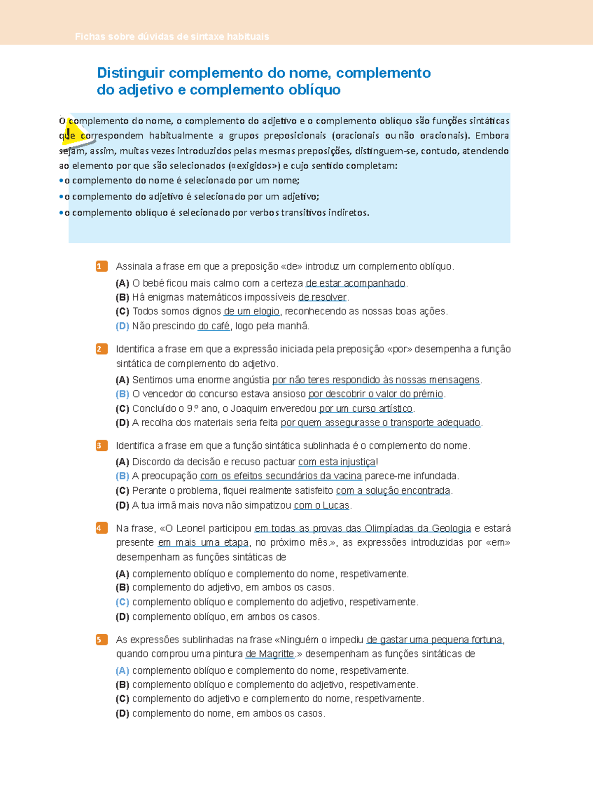 Ficha português 9 - ns... - Distinguir complemento do nome, complemento do adjetivo e ...