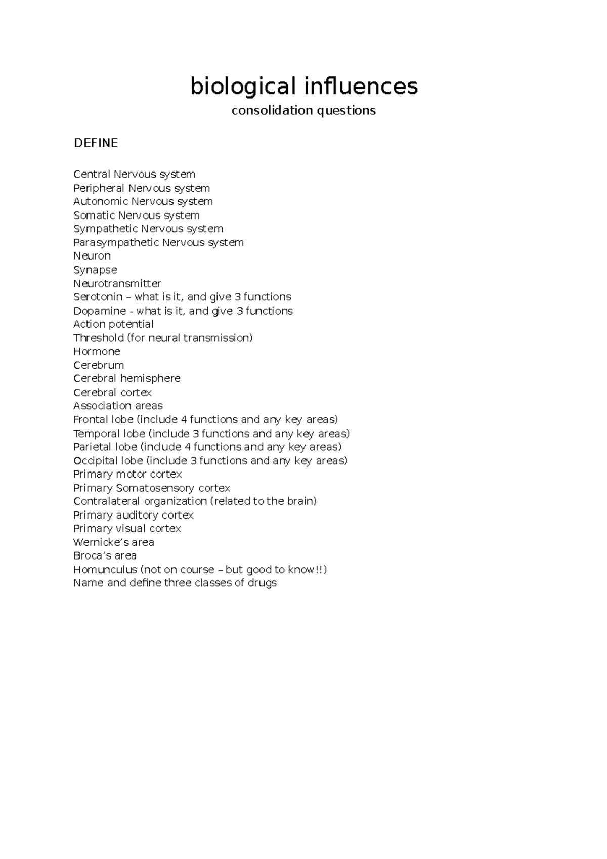 Biological influences consolidation questions - biological influences ...