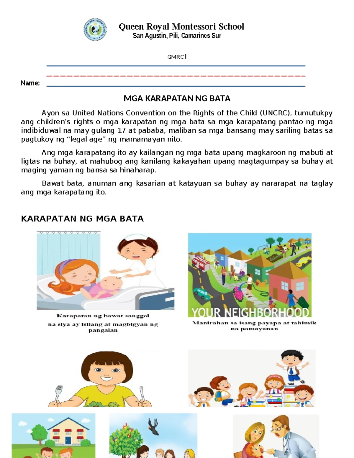 GMRC - karapatan ng bata - Queen Royal Montessori School San Agustin ...
