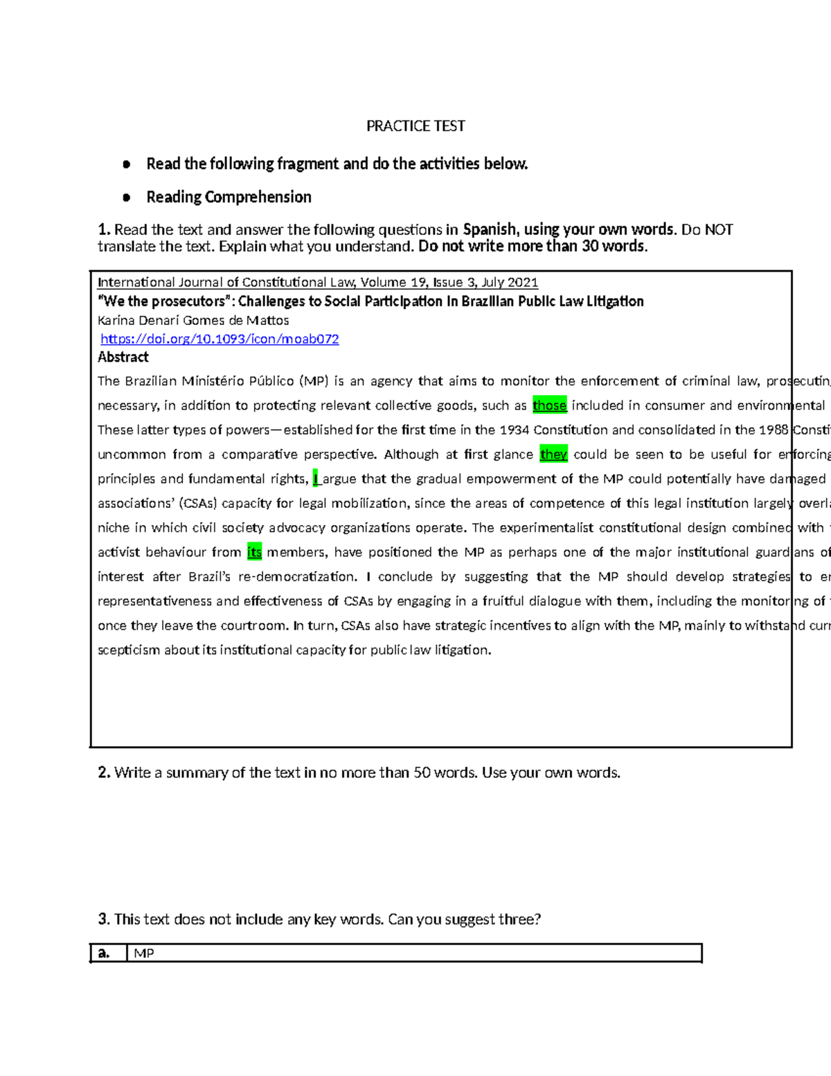 Trabajo Práctico 1 (Practice Test) - PRACTICE TEST • Read the following ...