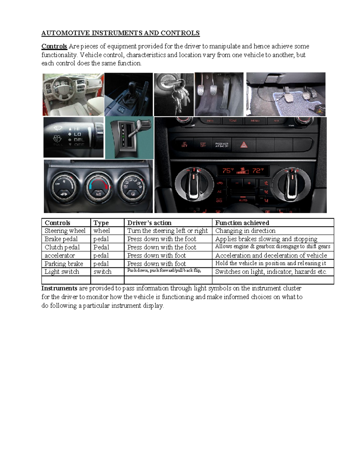 Notes - AUTOMOTIVE INSTRUMENTS AND CONTROLS Controls Are pieces of ...
