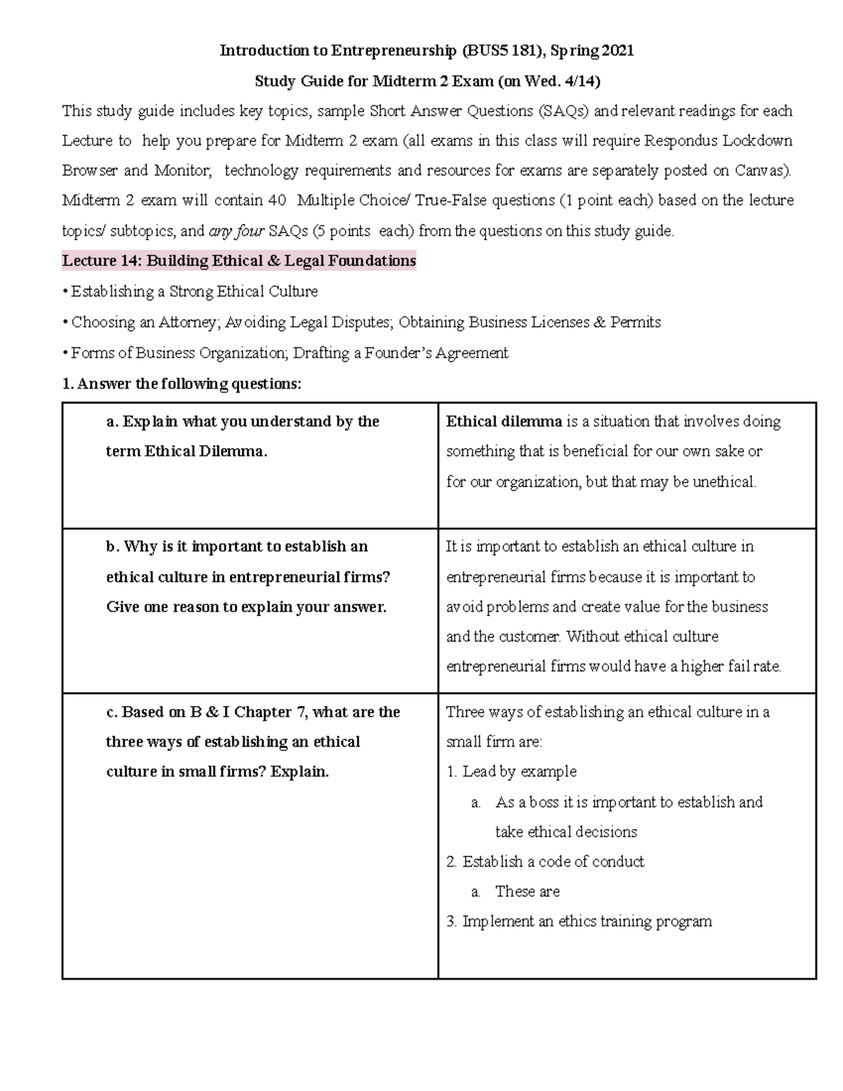 BUS5 181 Study Guide for Midterm 2, Spring 2021 - Introduction to ...