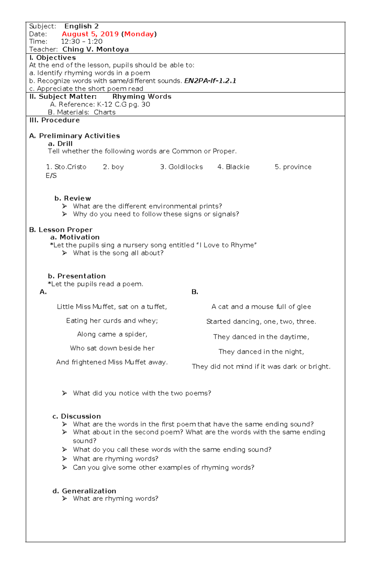 EnglISH 2 DAILY LESSON PLAN - Subject: English 2 Date: August 5, 2019 ...