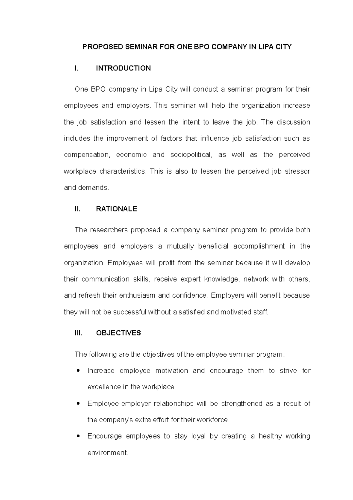 ACTION PLAN FOR SEMINAR FOR ONE BPO COMPANY - PROPOSED SEMINAR FOR ONE ...