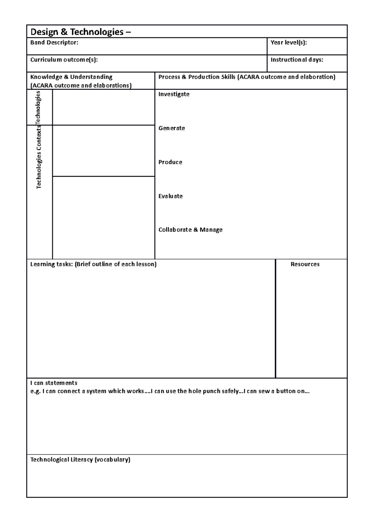 Unit plan - Unit plan - Design & Technologies – Band Descriptor: Year ...
