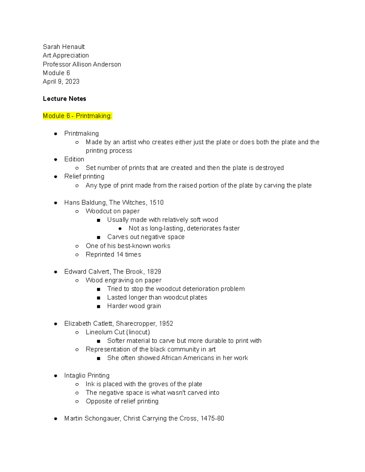 Sarah Henault - Art Appreciation Module 6 Lecture Notes - Sarah Henault ...