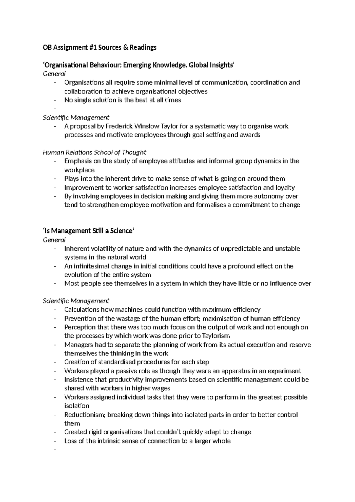 OB Assignment Readings - OB Assignment #1 Sources & Readings ...
