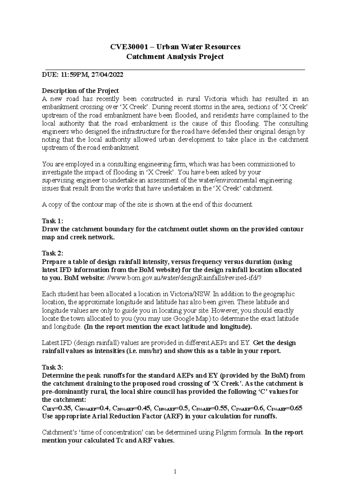 Assignment 2 Catchment Analysis Project - CVE30001 – Urban Water ...
