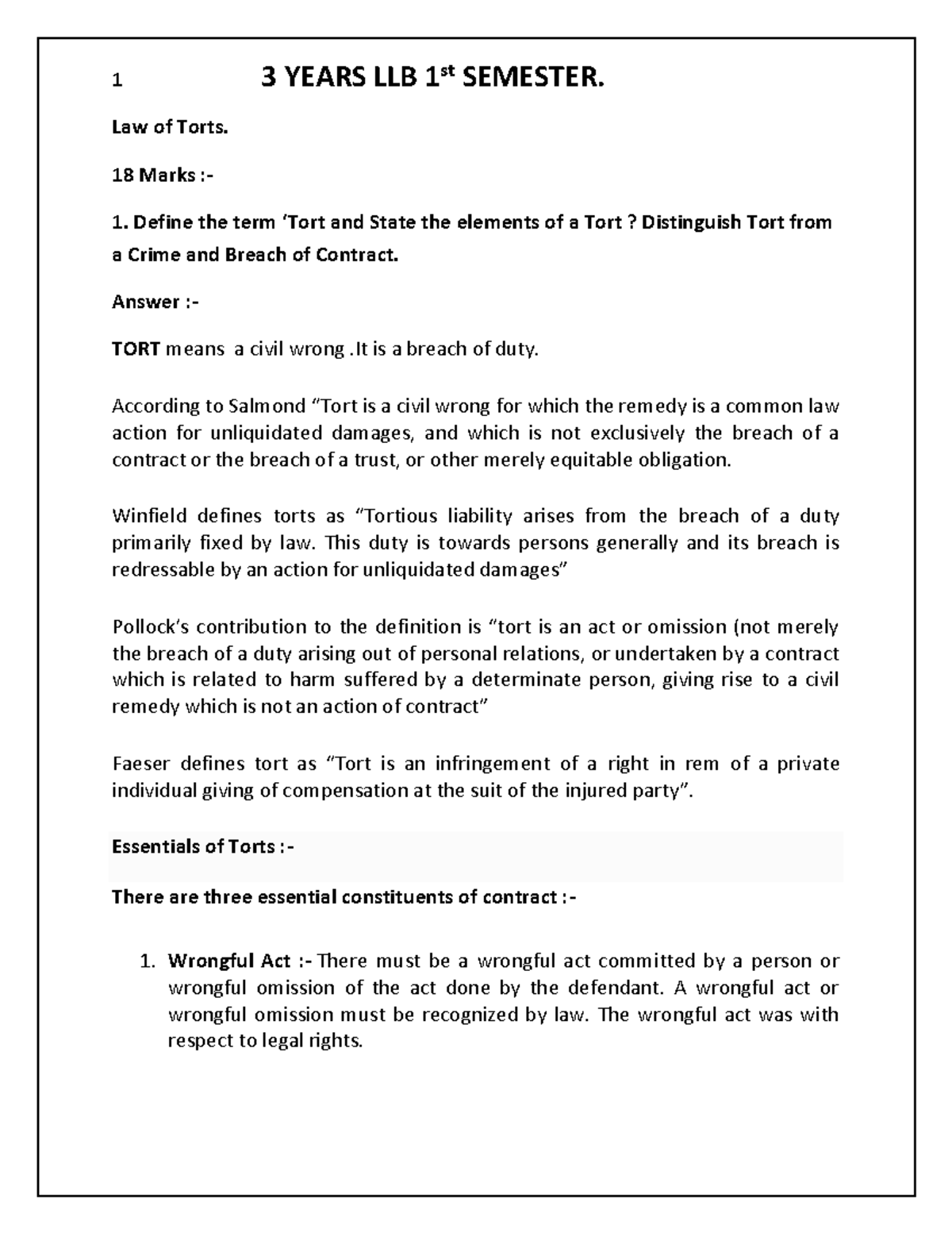 Law of Torts 18 Marks Answer - Law of Torts. 18 Marks :- 1. Define the ...
