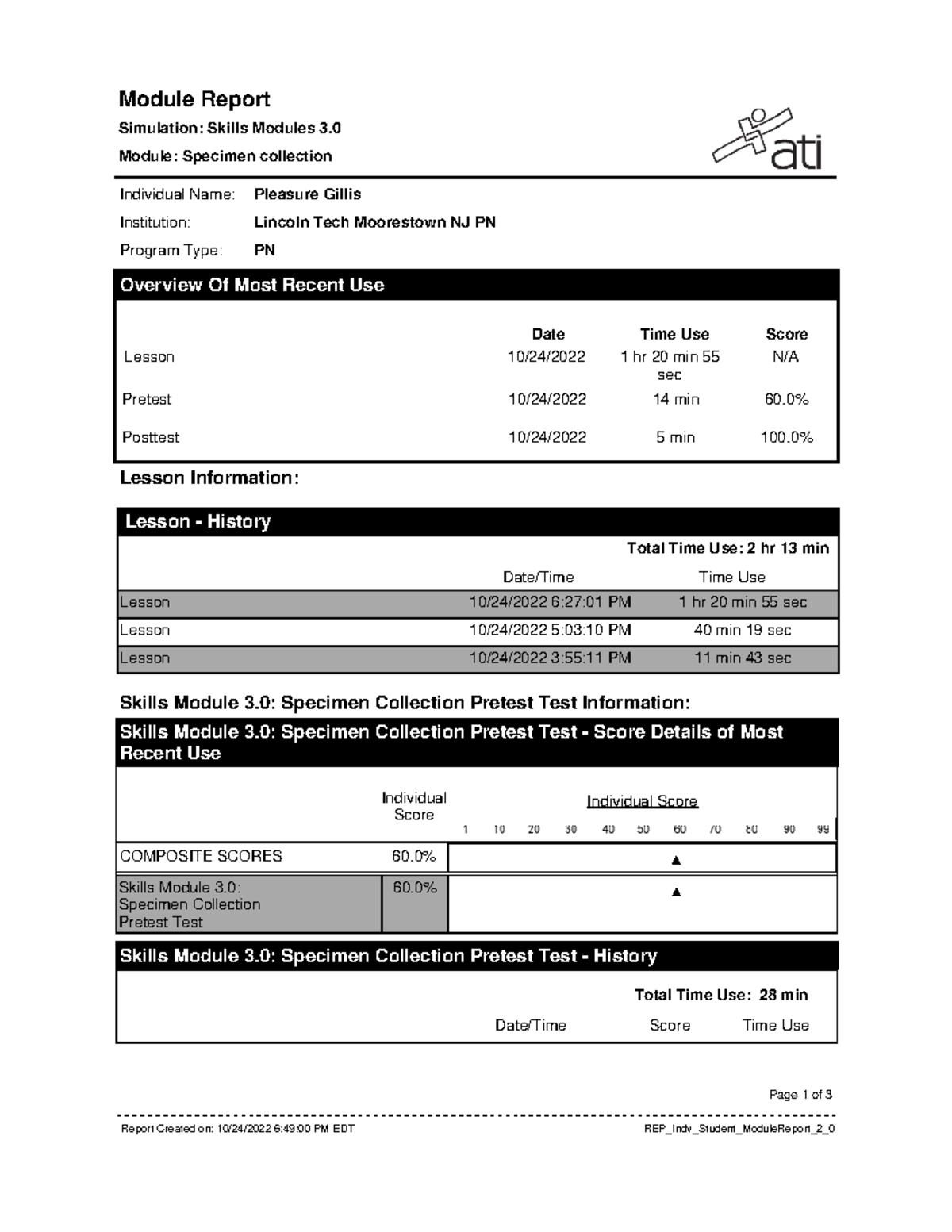 Specimen Collection ATI Posttest - Module Report Simulation: Skills ...