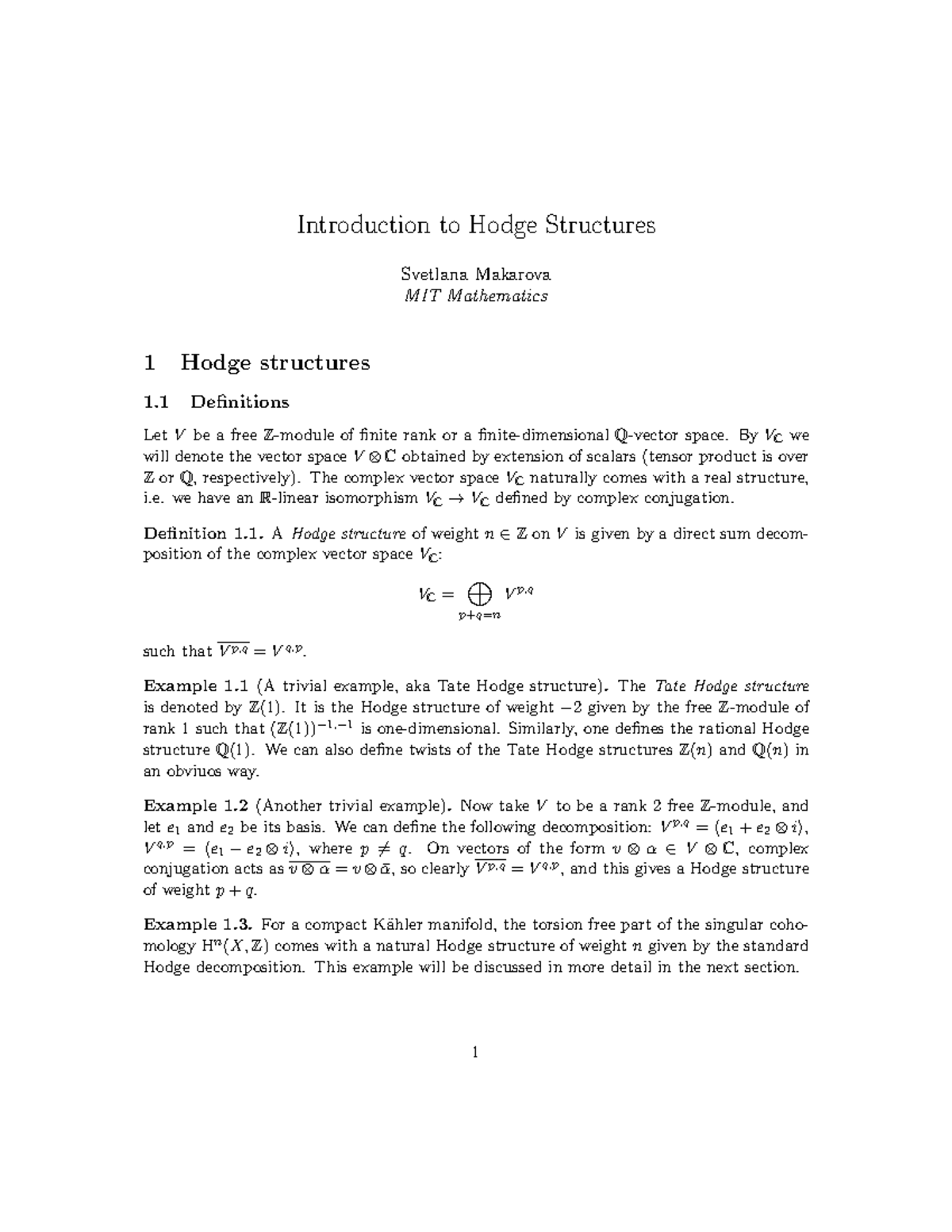 Math 8450 2016 notes 1 - Introduction to Hodge Structures Svetlana ...
