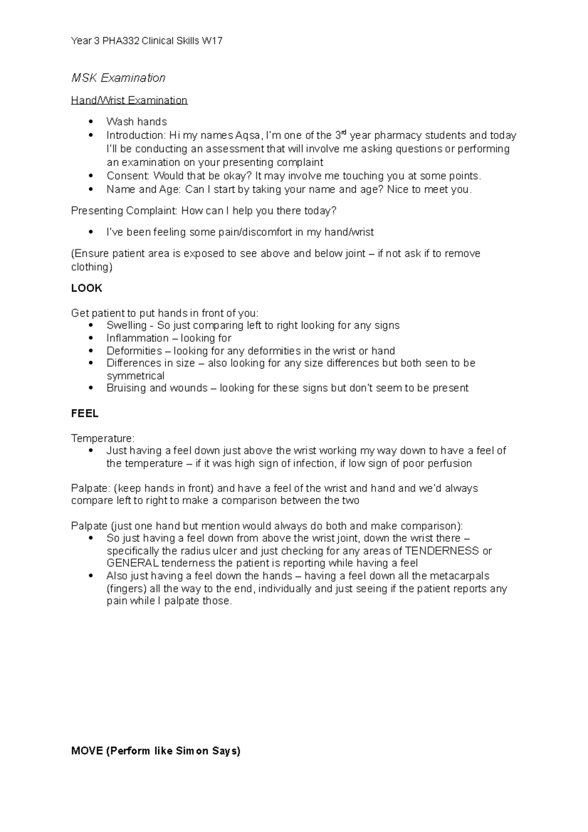 MSK Examination Notes - MSK Examination Hand/Wrist Examination Wash ...