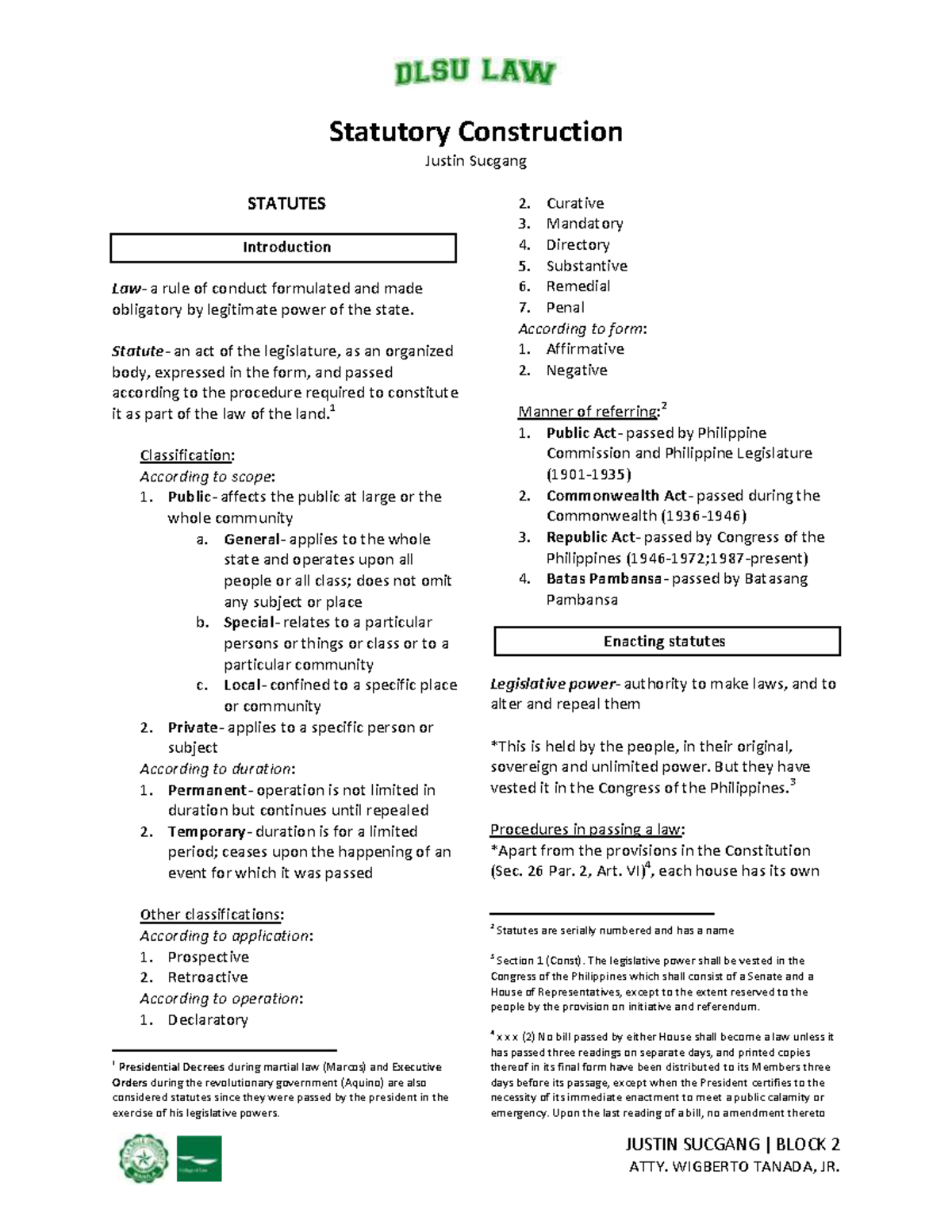 Statcon-Reviewer 2 - law notes - JUSTIN SUCGANG | BLOCK 2 Statutory ...