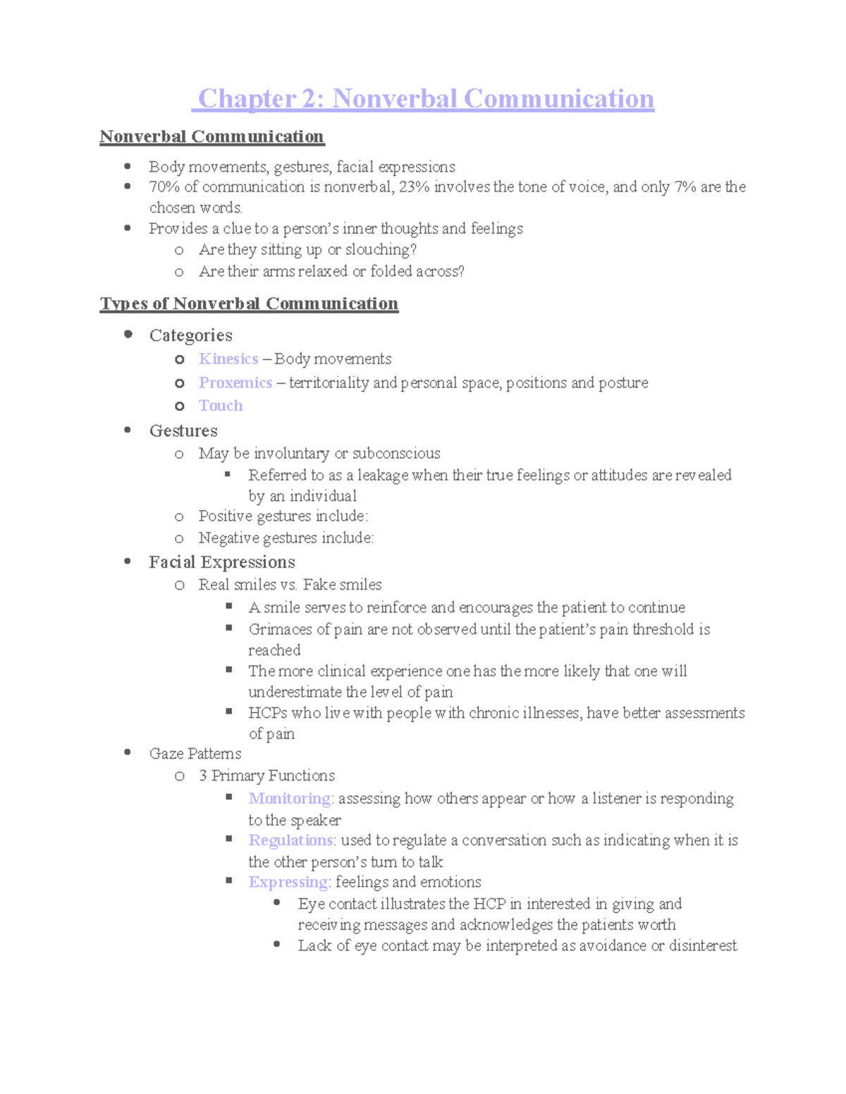 Health Care Comm Notes - Chapter 2: Nonverbal Communication Nonverbal ...