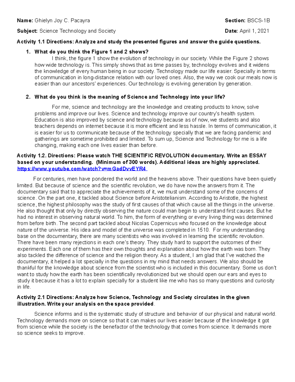 Science Technology Society lesson answers - Name: Ghielyn Joy C ...